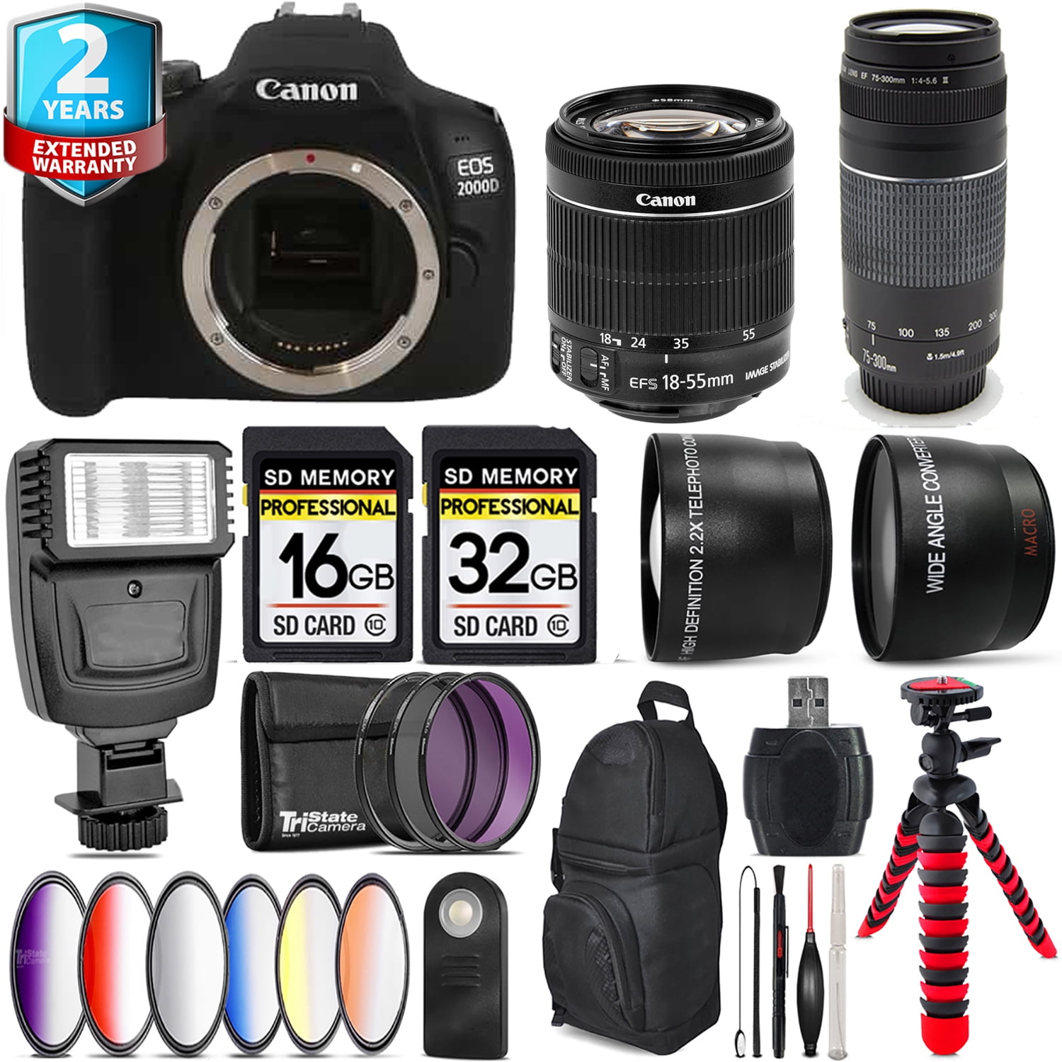 Canon EOS 2000D (Rebel T7) + 18-55mm IS STM + 75-300mm III + Slave ...