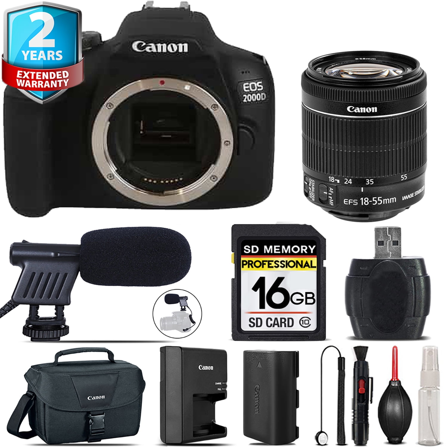 Canon EOS 2000D (Rebel T7) + 18-55mm IS STM + Shoutgun Mic + UV + Case ...