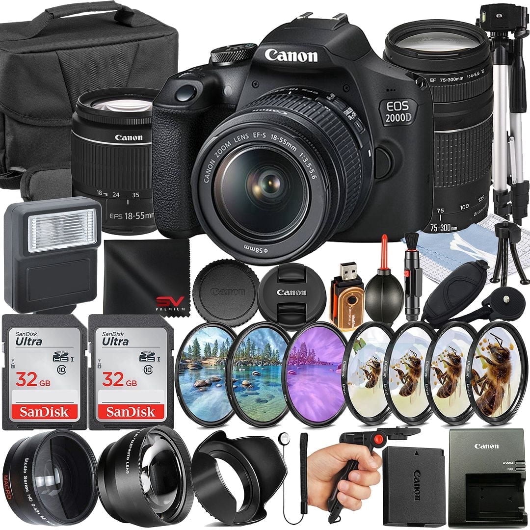 Canon EOS 2000D / Rebel T7 DSLR + 18-55mm + 75-300mm Lens + 2 Pack 32GB ...