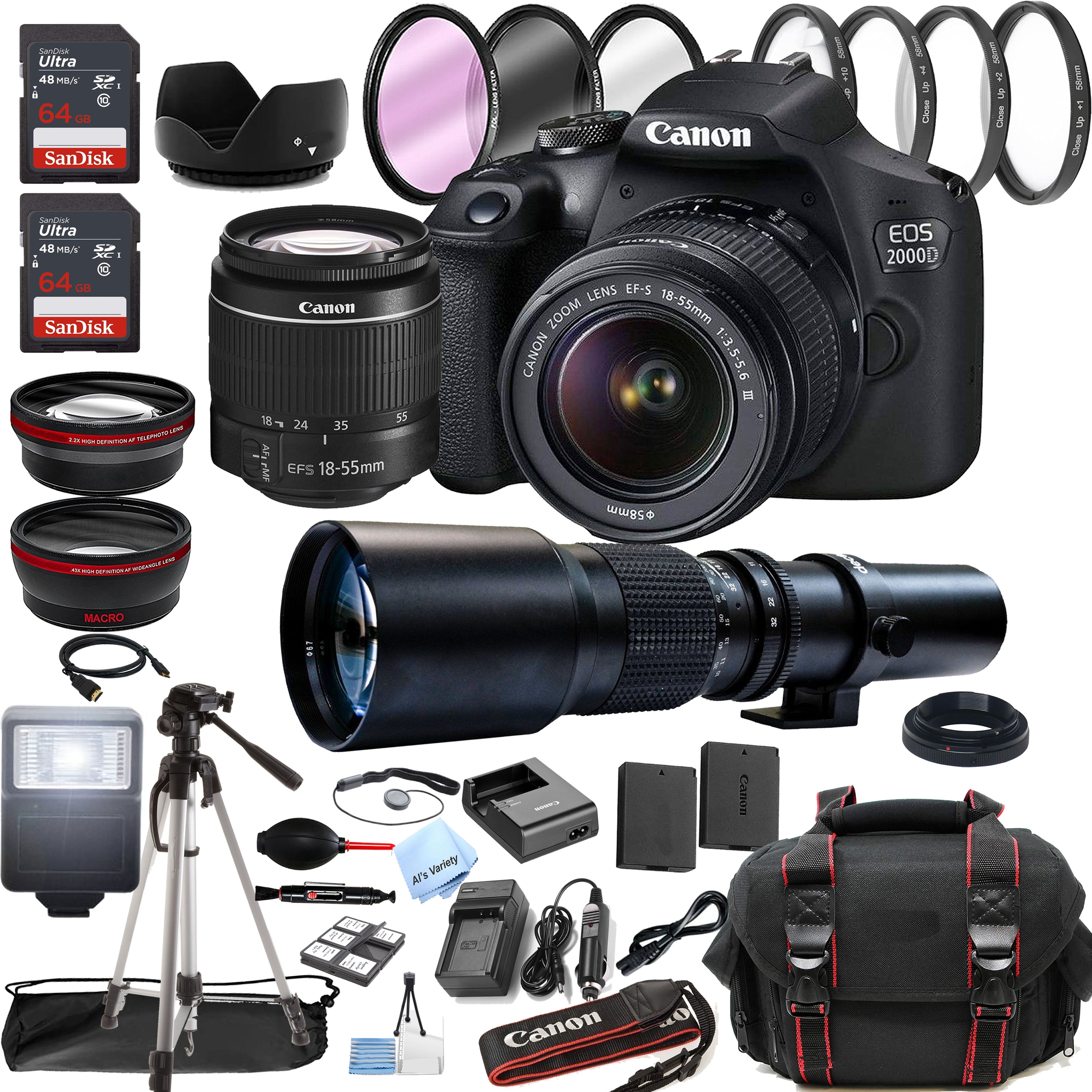Canon EOS 2000D / Rebel T7 DSLR Camera with 18-55mm + 500mm Lens, 128GB ...