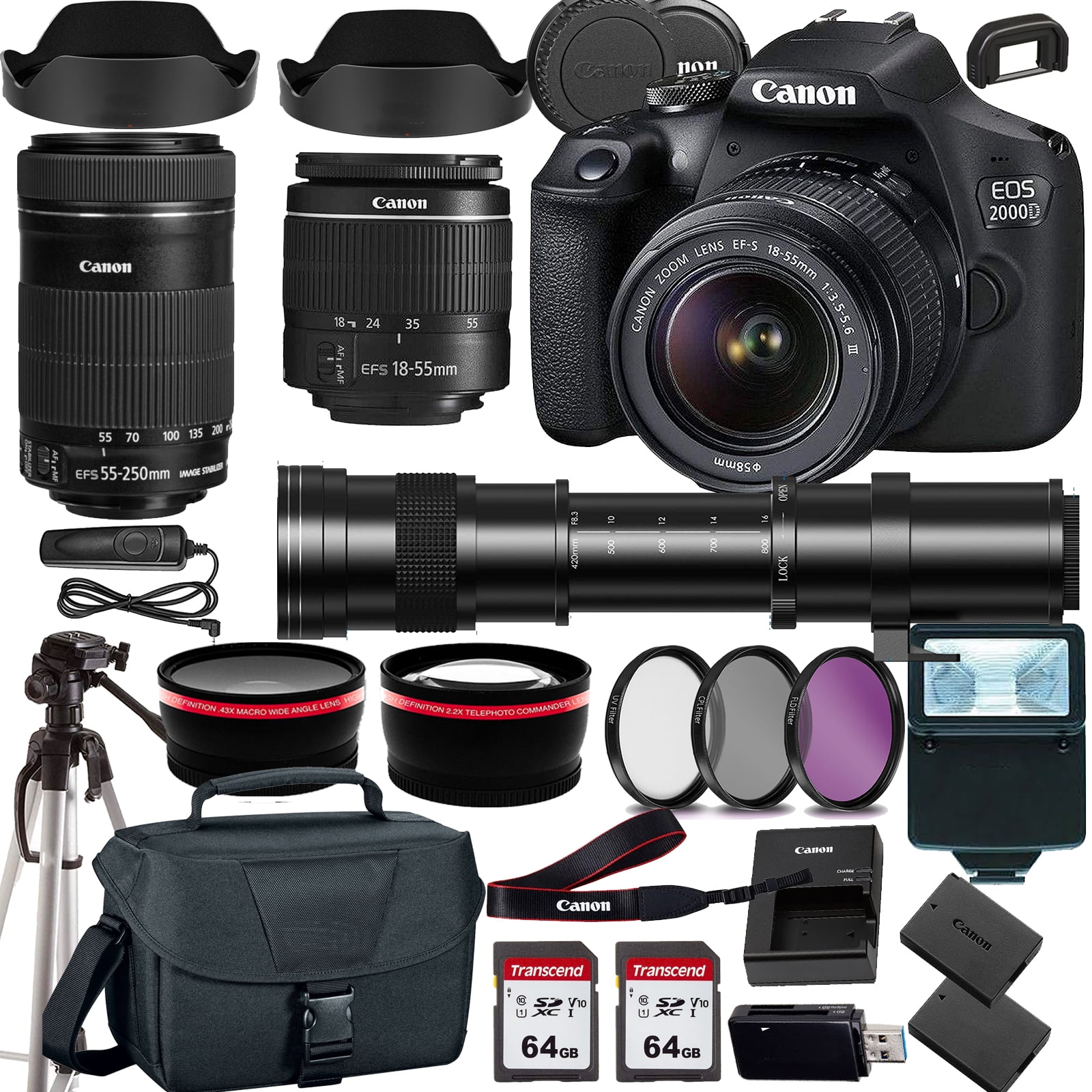Canon EOS 2000D DSLR Camera Kit Bundle: EF-S 18-55mm, 55-250mm, 420 ...