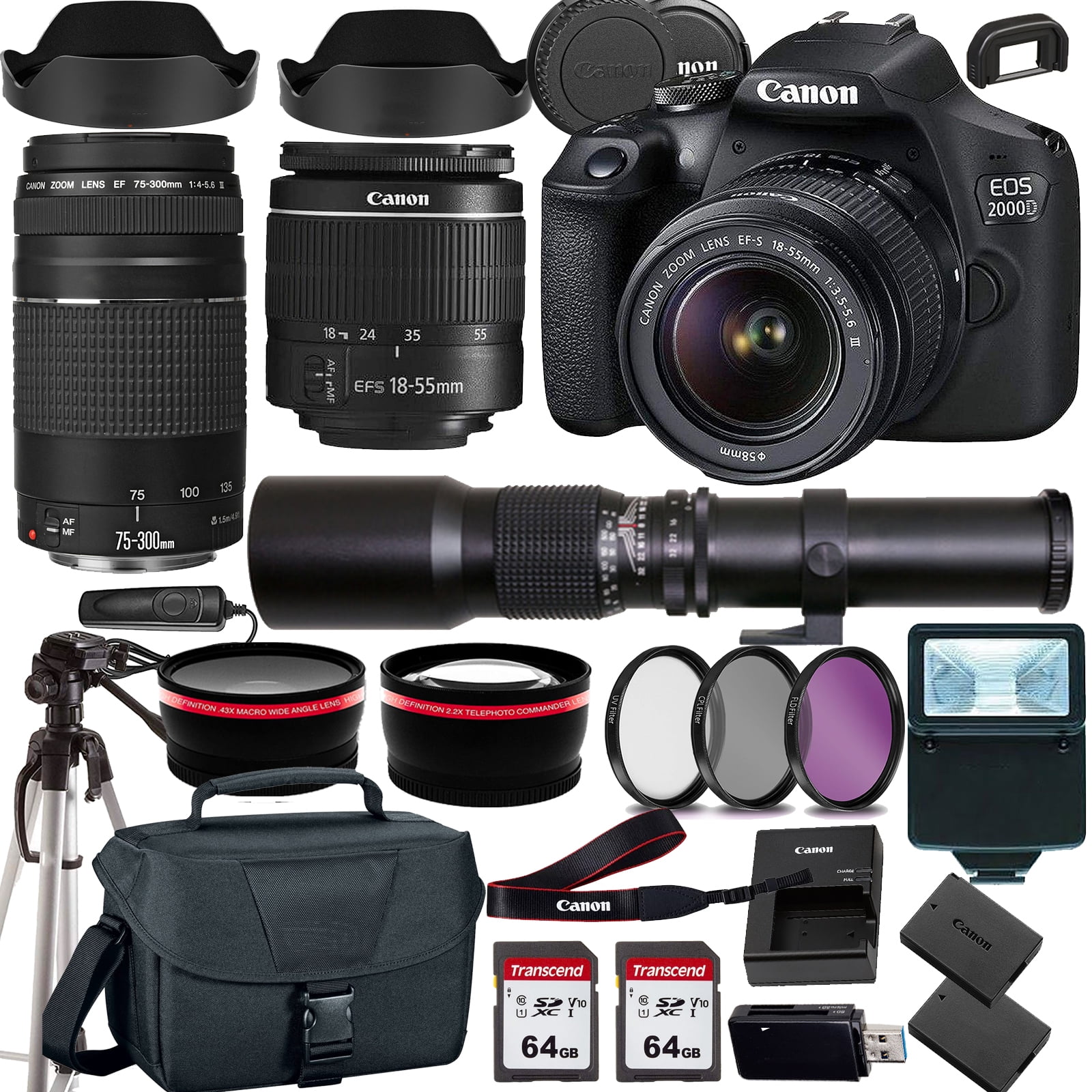 Canon EOS 2000D DSLR Bundle: EF-S 18-55mm, EF 75-300mm III, 500mm Lens ...
