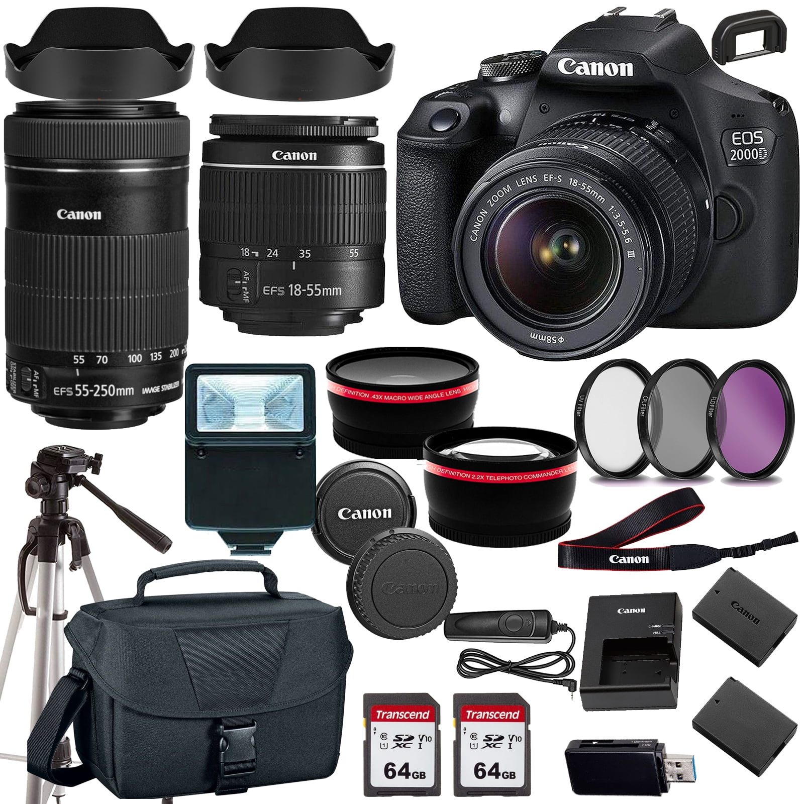 Canon EOS 2000D DSLR Camera Bundle with 18-55mm & 55-250mm Lens, Body ...