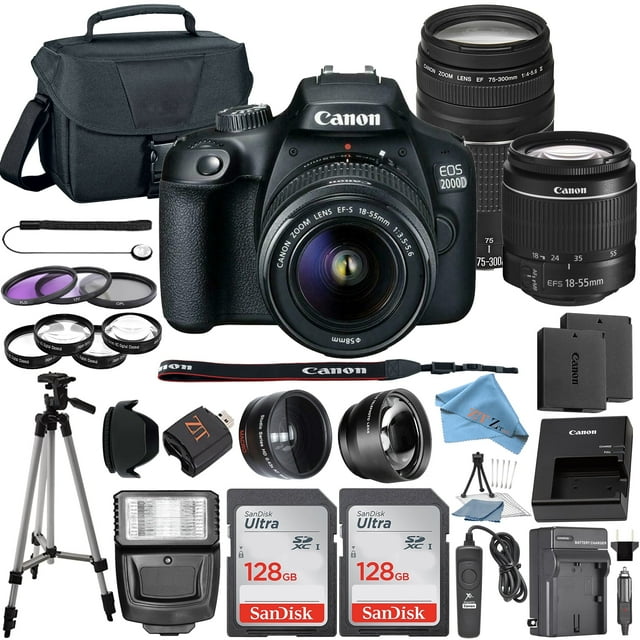 Canon EOS 2000D Rebel T7 DSLR Bundle, 18-55 +75-300mm Lens, 128GB ...