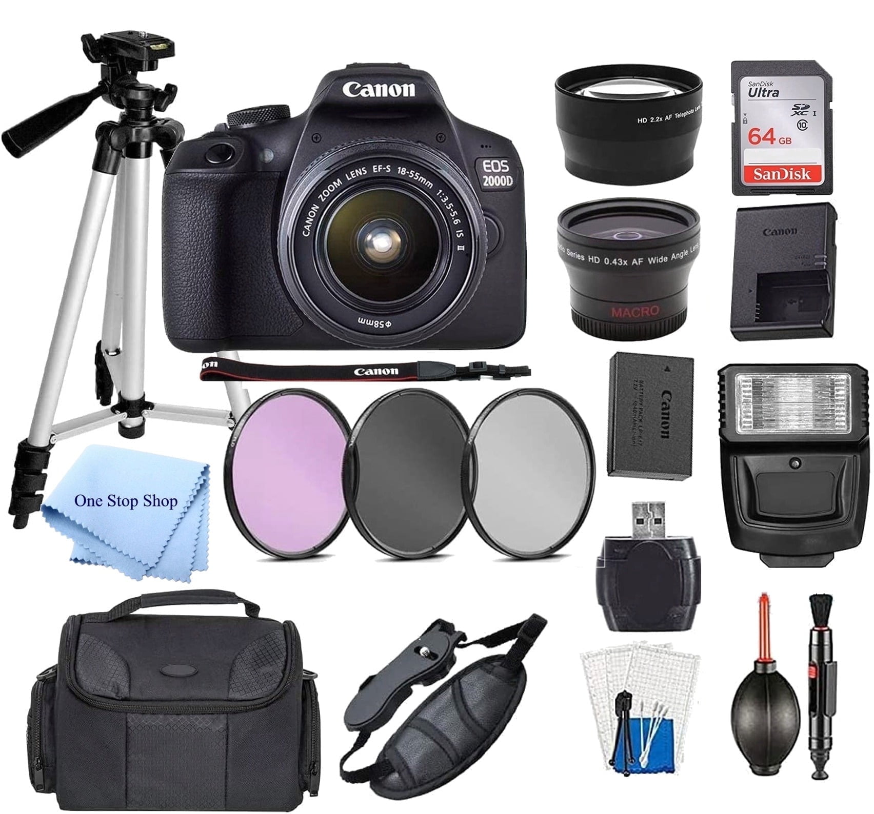 Canon EOS 2000D Rebel T7 DSLR Camera with 18-55mm Zoom Lens, 30pc ...