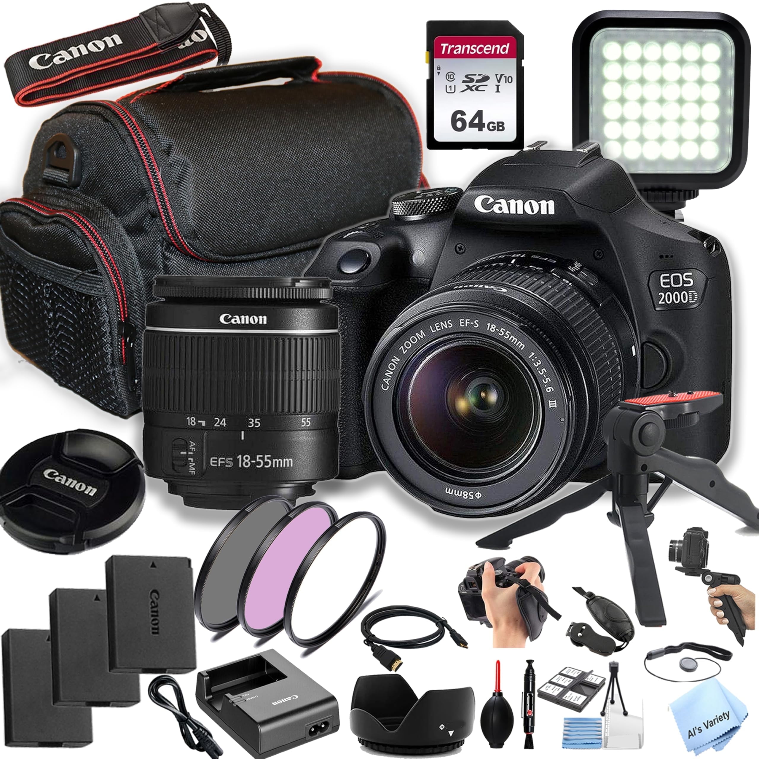 Canon EOS 2000D/Rebel T7 w/EF-S 18-55mm F/3.5-5.6 Zoom Lens, 64GB SD ...