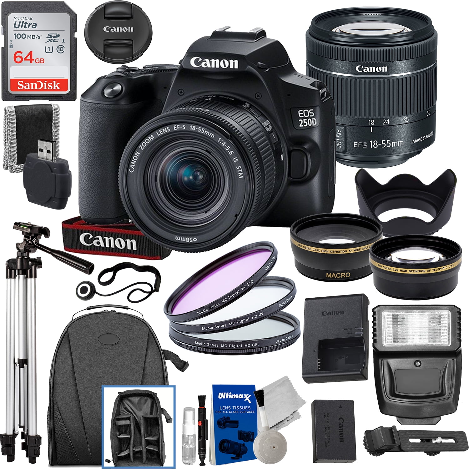 Canon EOS 250D Intl Model (Rebel SL3) DSLR Camera with 18-55mm f/4-5.6 IS STM Zoom Lens & Bundle ...