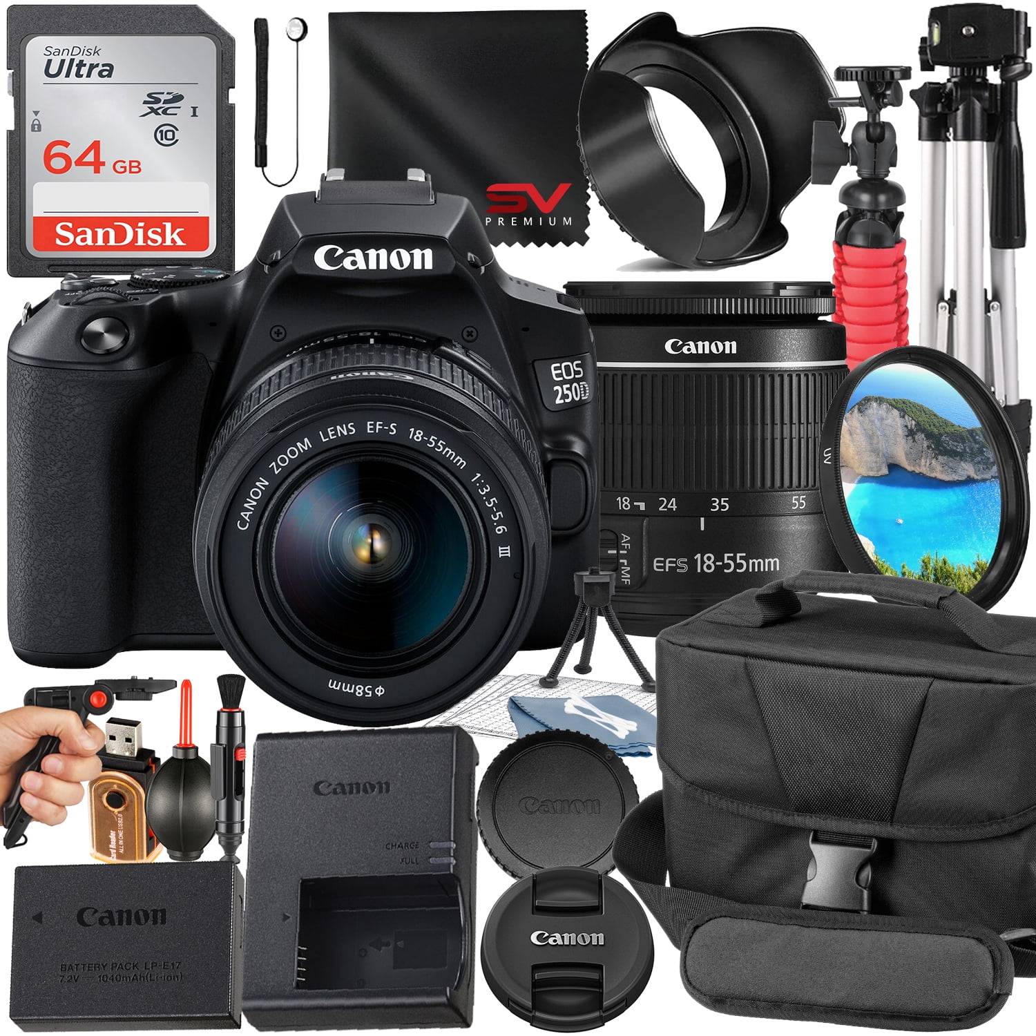 Canon EOS 250D / Rebel SL3 DSLR Camera with 18-55mm Lens, 64GB Card, Case, Tripod, Professional ...