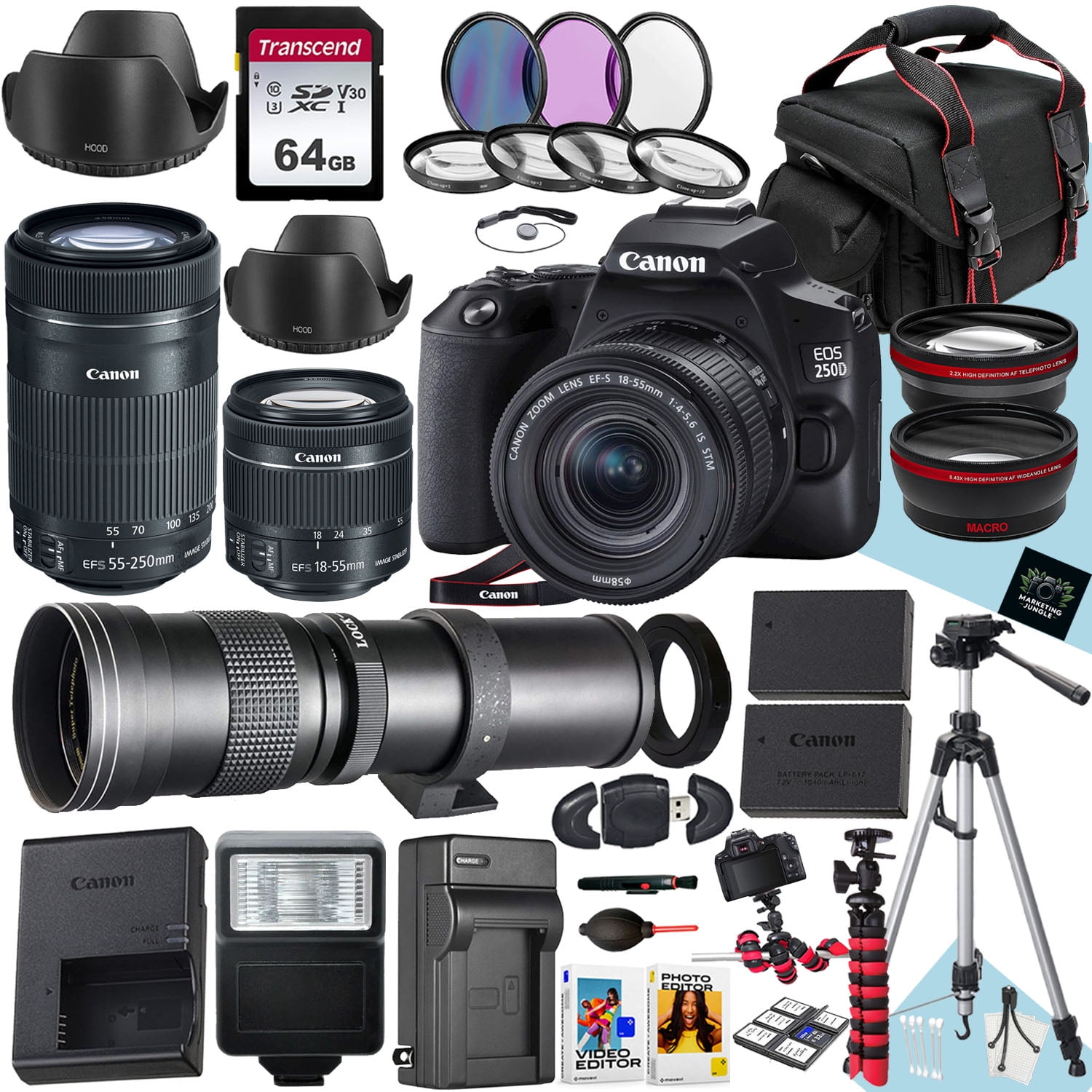 Canon EOS 250D / Rebel SL3 DSLR Camera With EF-S 18-55mm f/4-5.6 IS STM, EF-S 55-250mm f/4-5.6 ...
