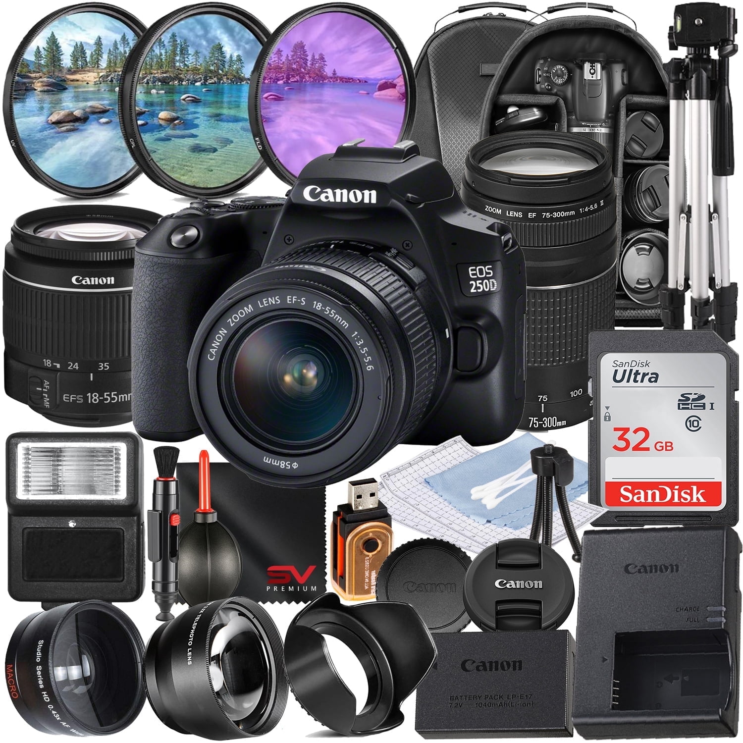 Canon EOS 250D/Rebel SL3 DSLR Set, 18-55mm & 75-300mm Lens, 32GB SD ...