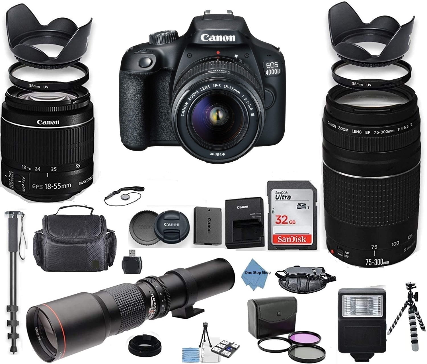 Canon EOS 4000D DSLR Camera with 18-55mm is II Lens Bundle + Canon EF ...