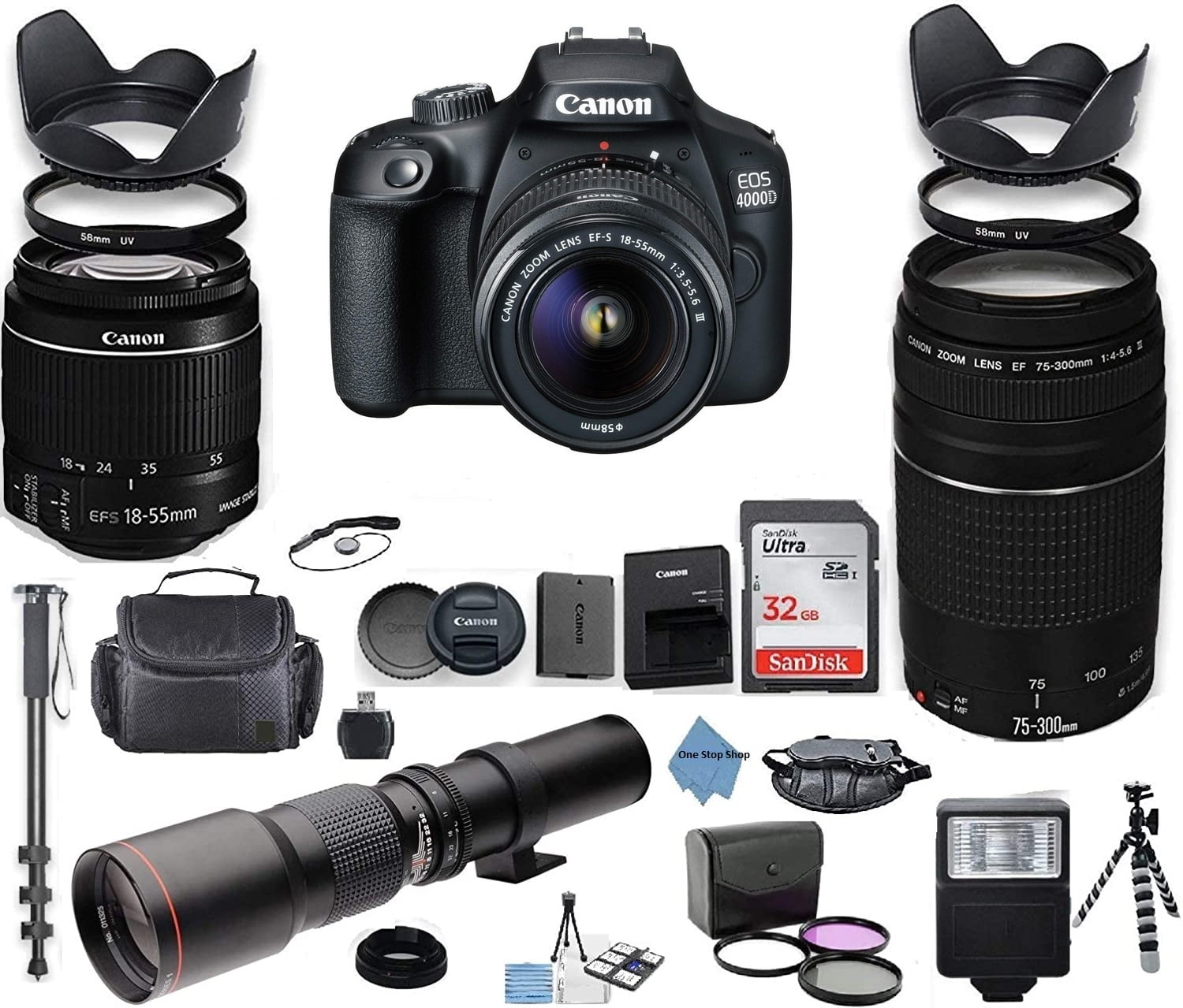 Canon EOS 4000D DSLR Camera with 18-55mm is II Lens Bundle + Canon EF ...