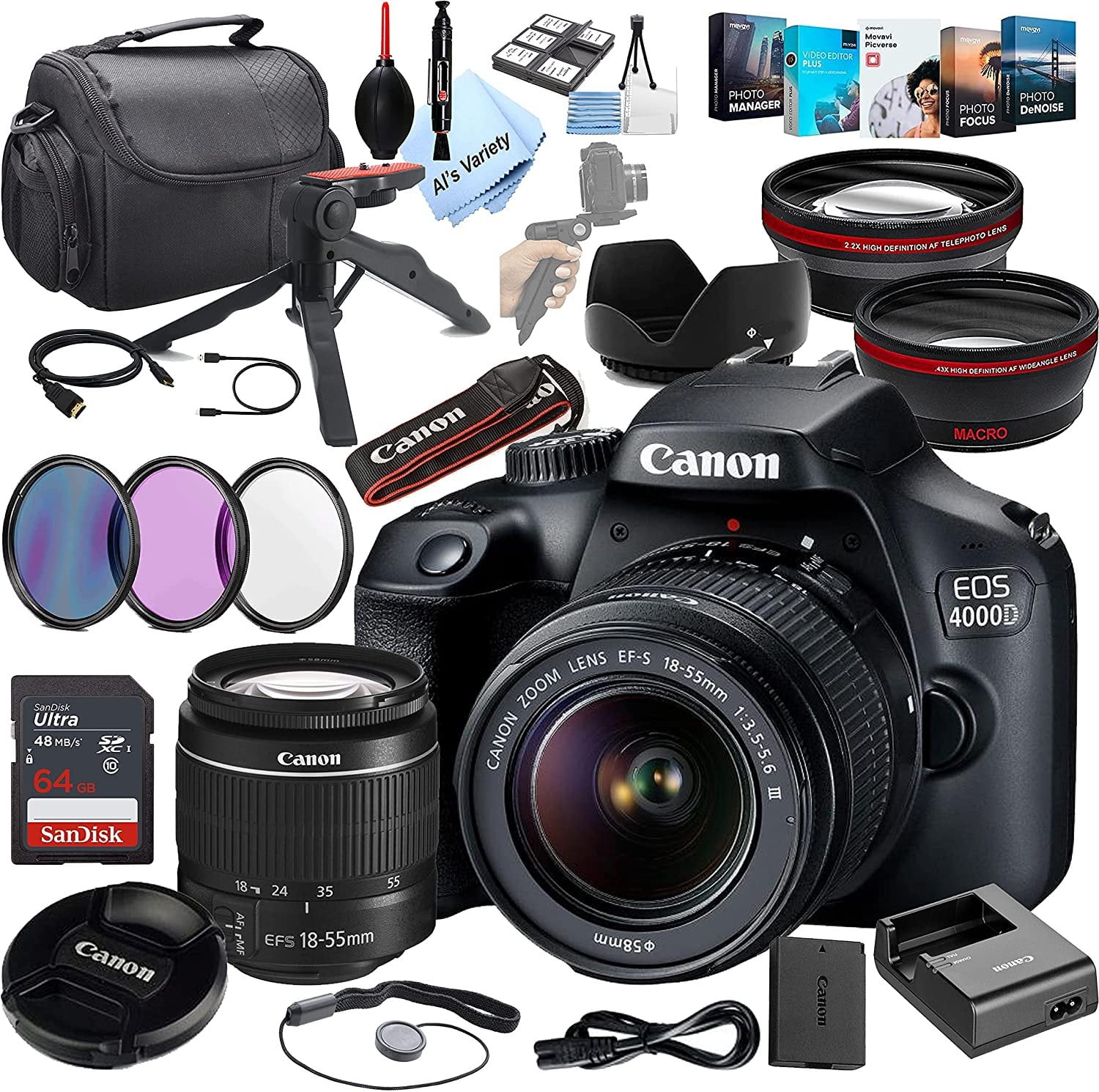 Canon EOS 4000D DSLR Camera - 18-55mm Zoom Lens, 18.0MP, 64GB Card ...