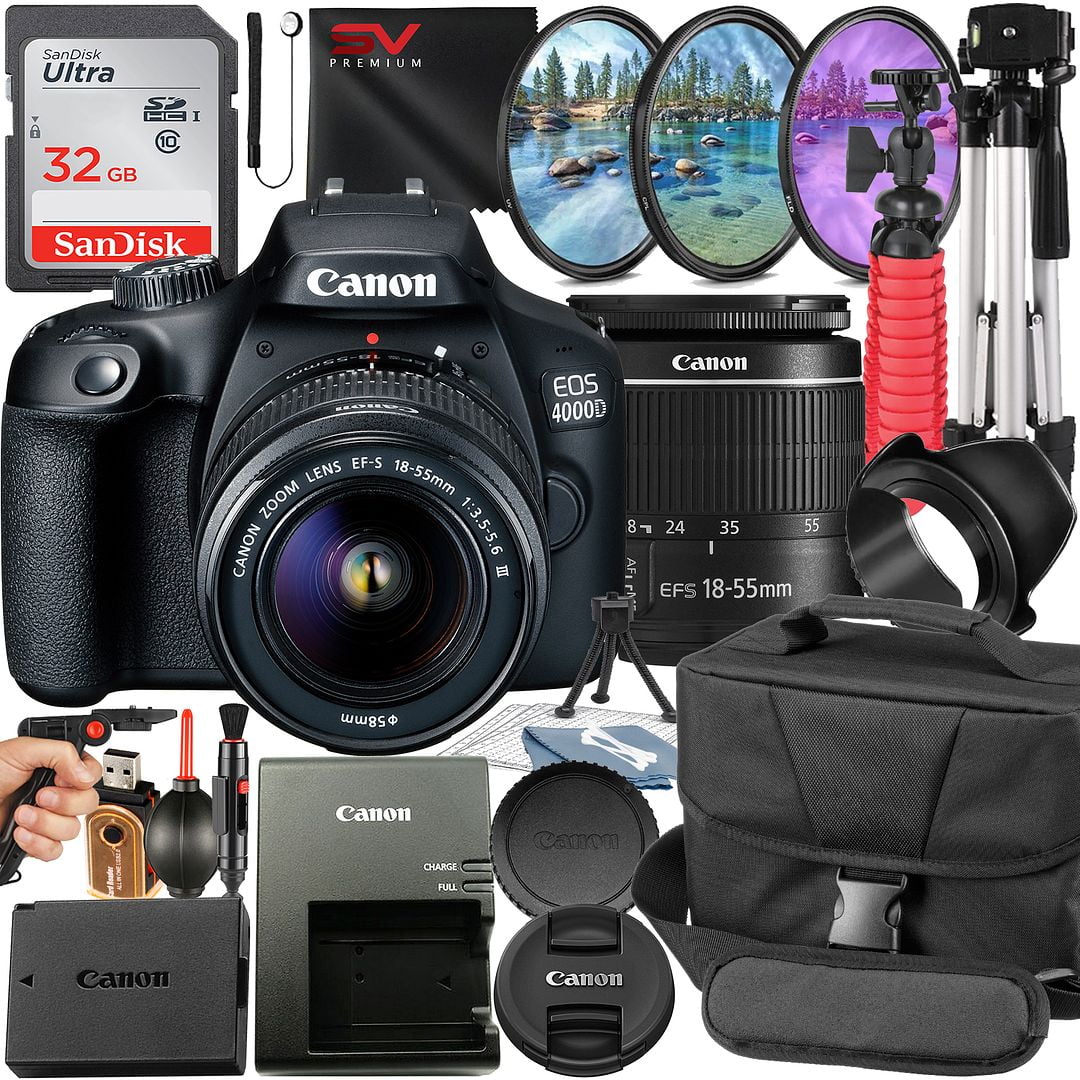 Canon EOS 4000D/Rebel T100 DSLR Camera, 18-55mm Lens, 32GB Card, Tripod, Kit - Walmart.com