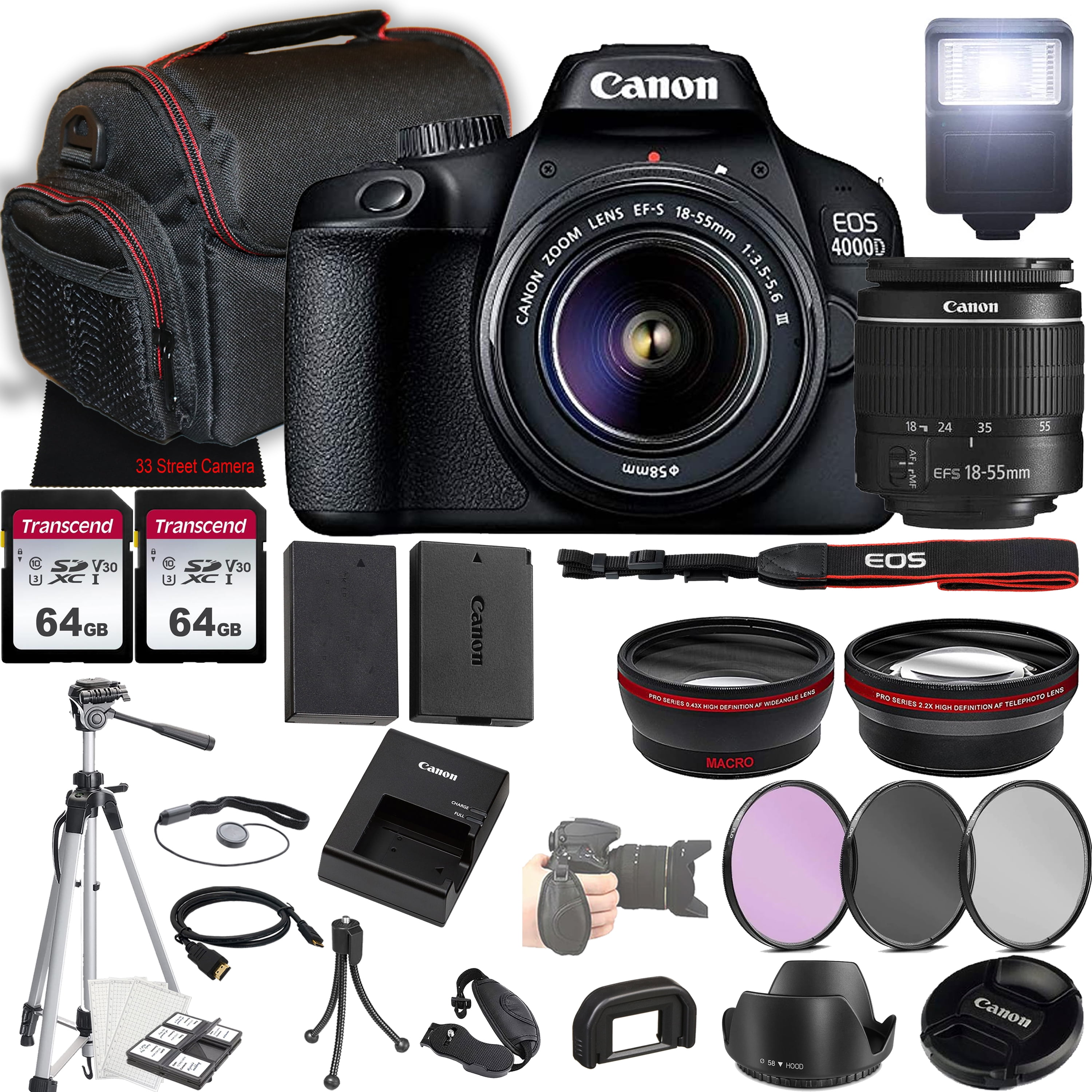 Canon EOS 4000D DSLR Camera, Beginners Digital Set w/18-55mm Lens, 2X ...