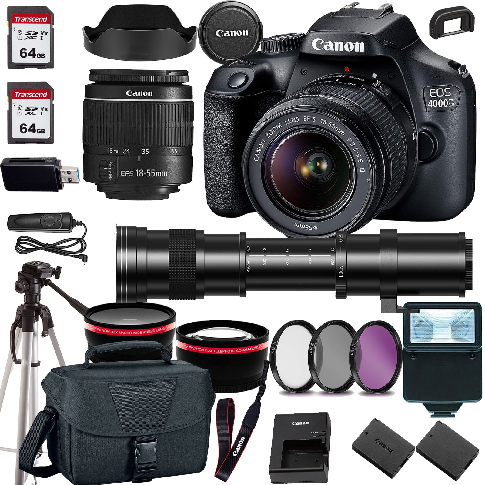 Canon EOS 4000D/Rebel T100 DSLR Camera with Canon EF-S 18-55mm + 420 ...