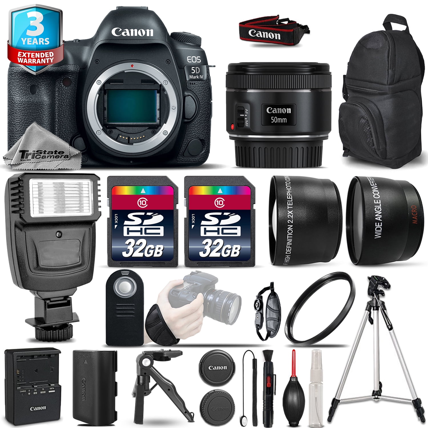 Canon EOS 5D Mark IV Camera + 50mm - 3 Lens Kit + Flash + 64GB + 2yr ...