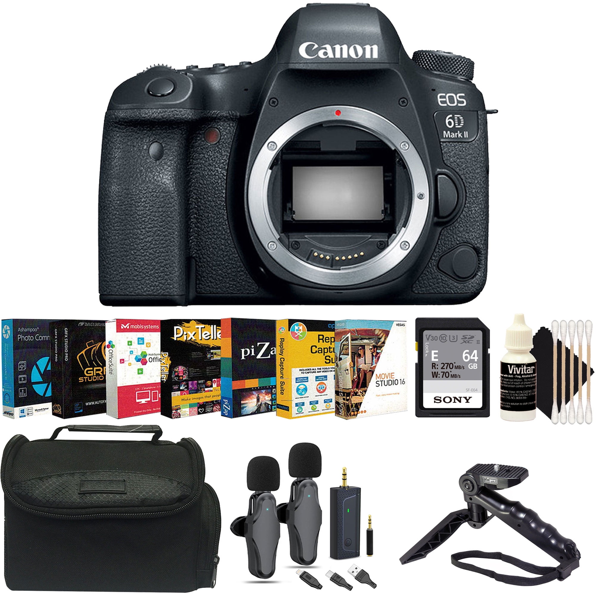 Canon EOS 6D MK II DSLR Camera (Body) with Vidpro 2-Person Wireless Lavalier Microphone Set ...