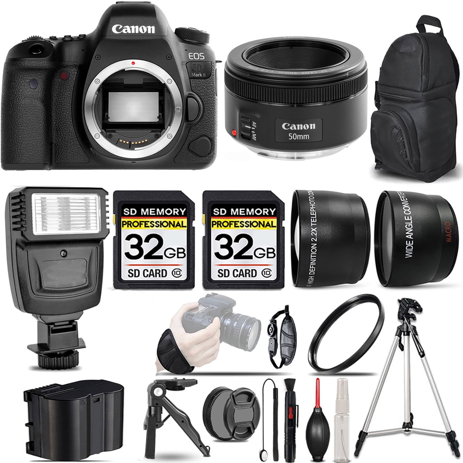 Canon EOS 6D Mark II DSLR Camera +50mm f/1.8 STM Lens +Flash +64GB- Kit ...