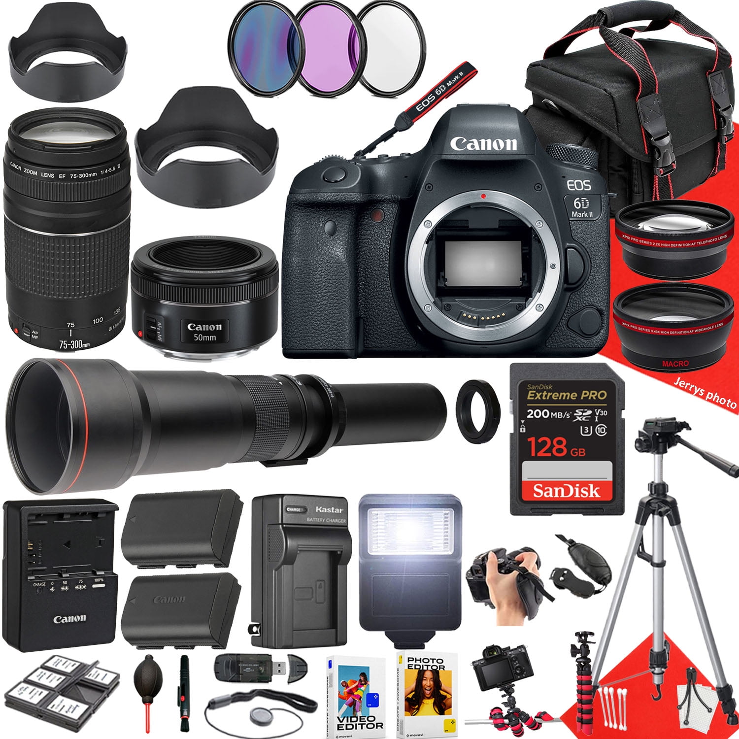 Canon EOS 6D Mark II DSLR Camera With EF 50mm f/1.8 STM, EF 75-300mm f/4-5.6 III And 650-1300mm ...