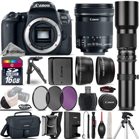 Canon EOS 77D DSLR Camera 1892C001 + 10-18mm STM + 500mm + EXT BATT ...
