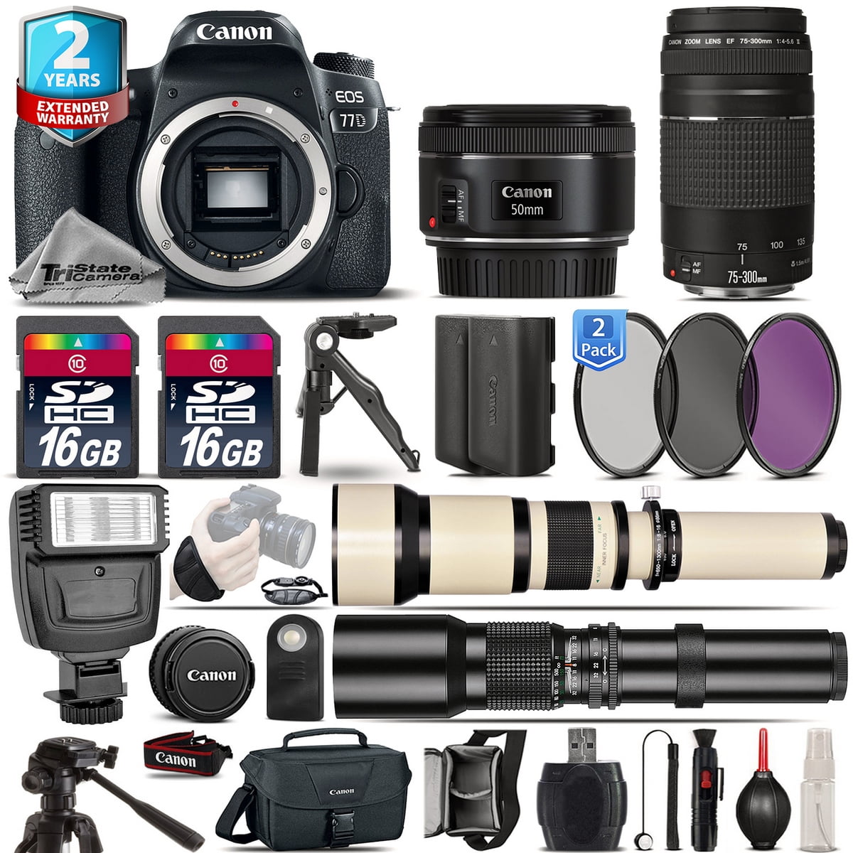 Canon EOS 77D DSLR Camera + 50mm 1.8 + 75-300mm III + EXT BATT + 2yr ...