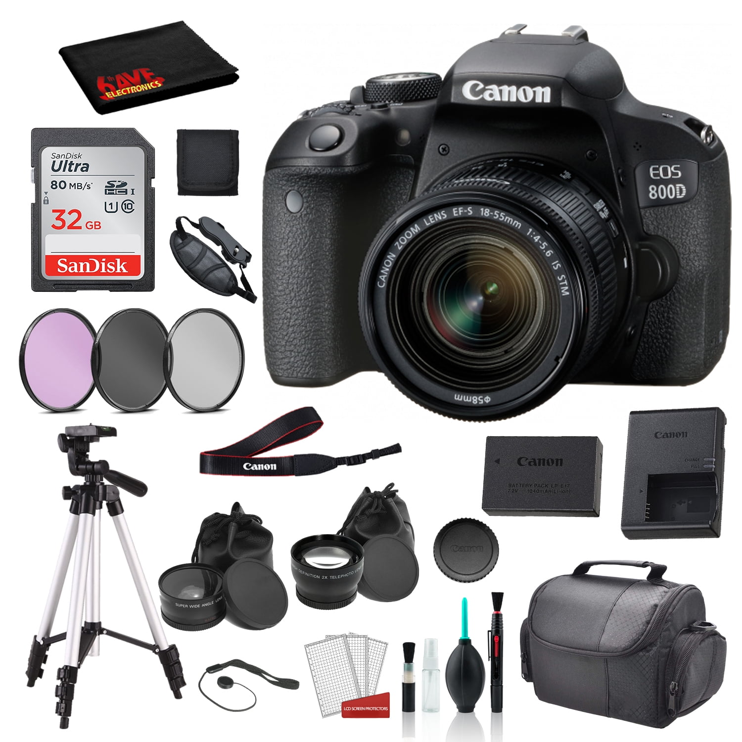 Canon EOS 800D DSLR with 18-55mm IS STM Lens, SanDisk 32GB SD Card, 3PC ...