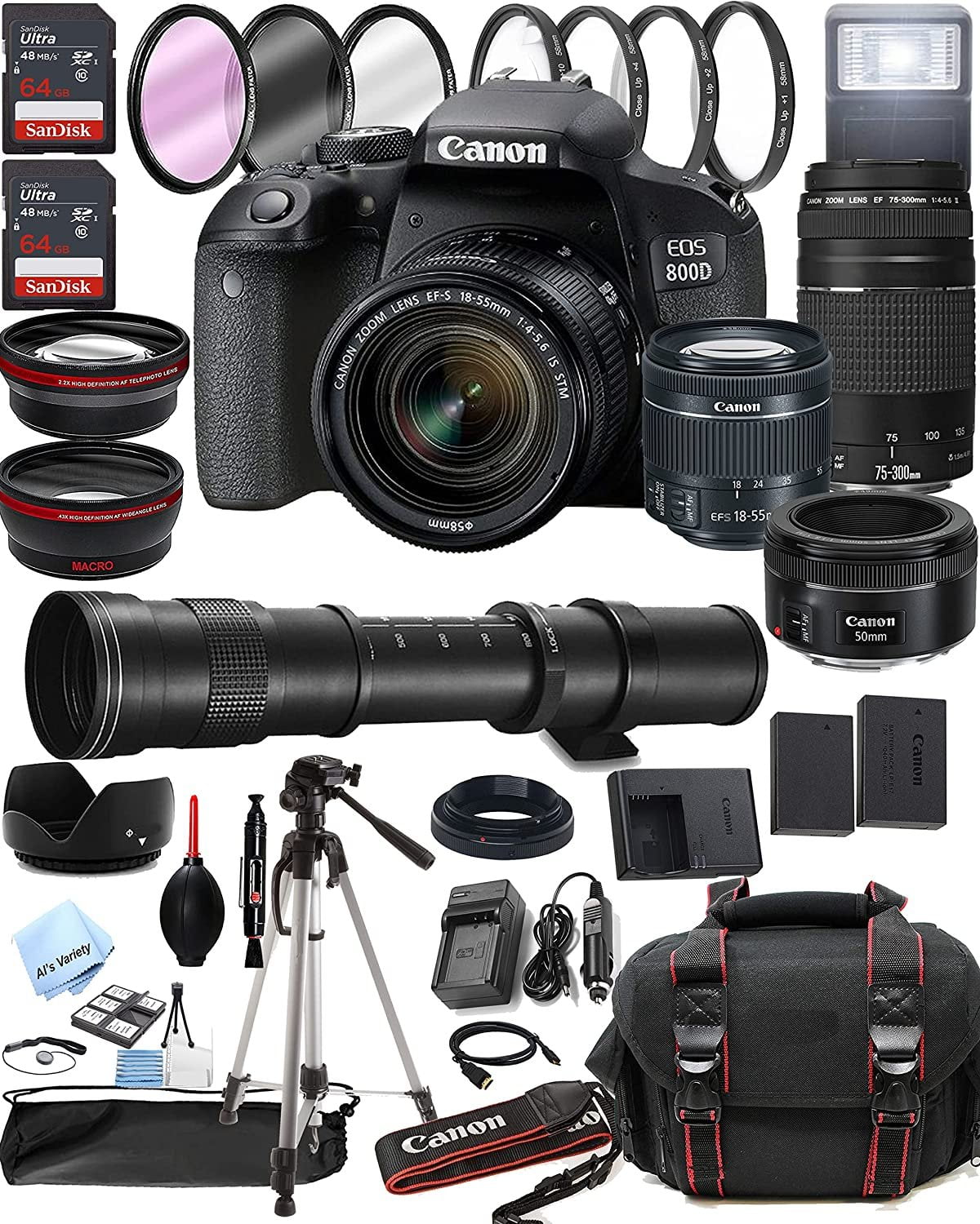Canon EOS 800D Rebel T7i DSLR with 18-55mm, 75-300mm, 50mm Lenses, 420 ...