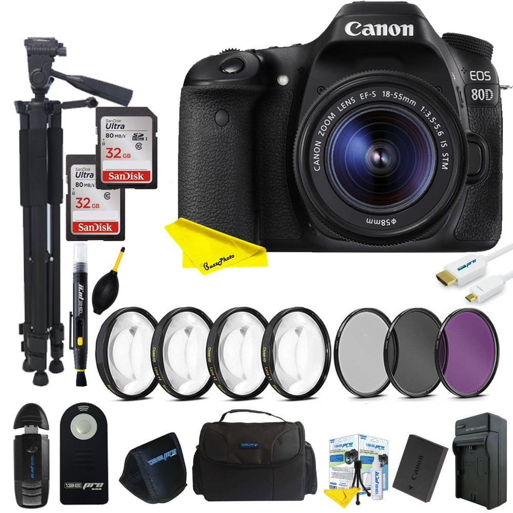 Canon EOS 80D DSLR Camera with 18-55mm Lens + 64GB Buzz-photo Advanced ...