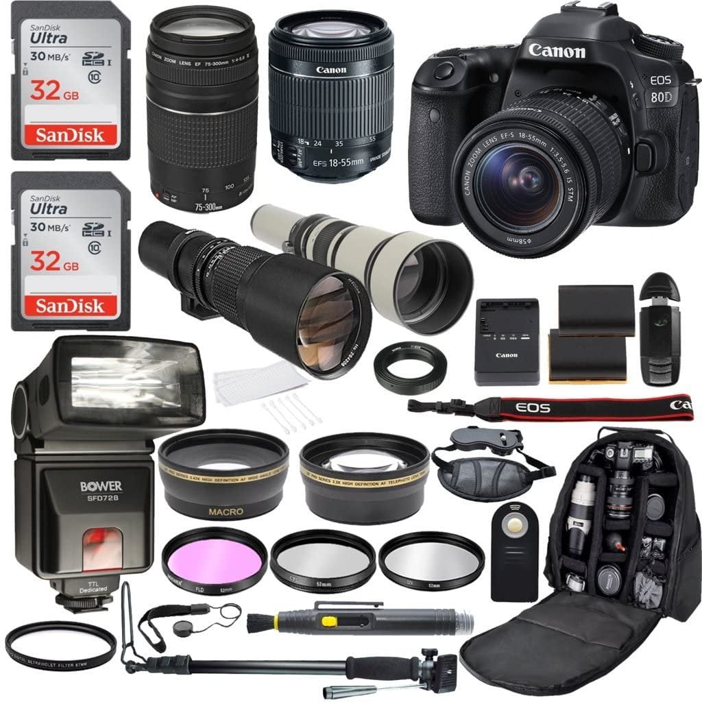 Canon EOS 80D Digital SLR Camera w/ EF-S 18-55mm Is STM & EF 75-300mm f/4-5.6 III+500mm ...