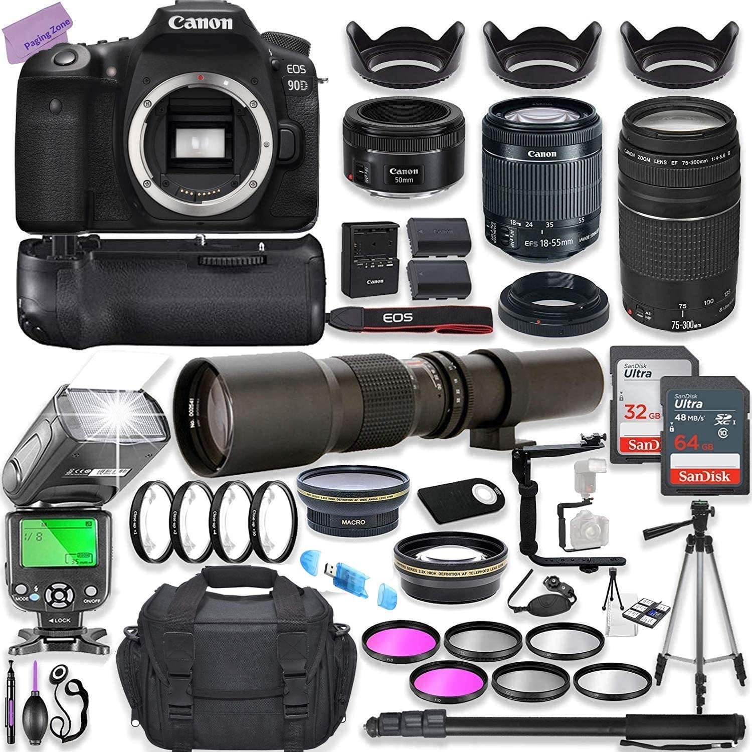 Canon EOS 90D DSLR Camera Starter Kit with 18-55mm, 75-300mm, 50mm F/1. ...