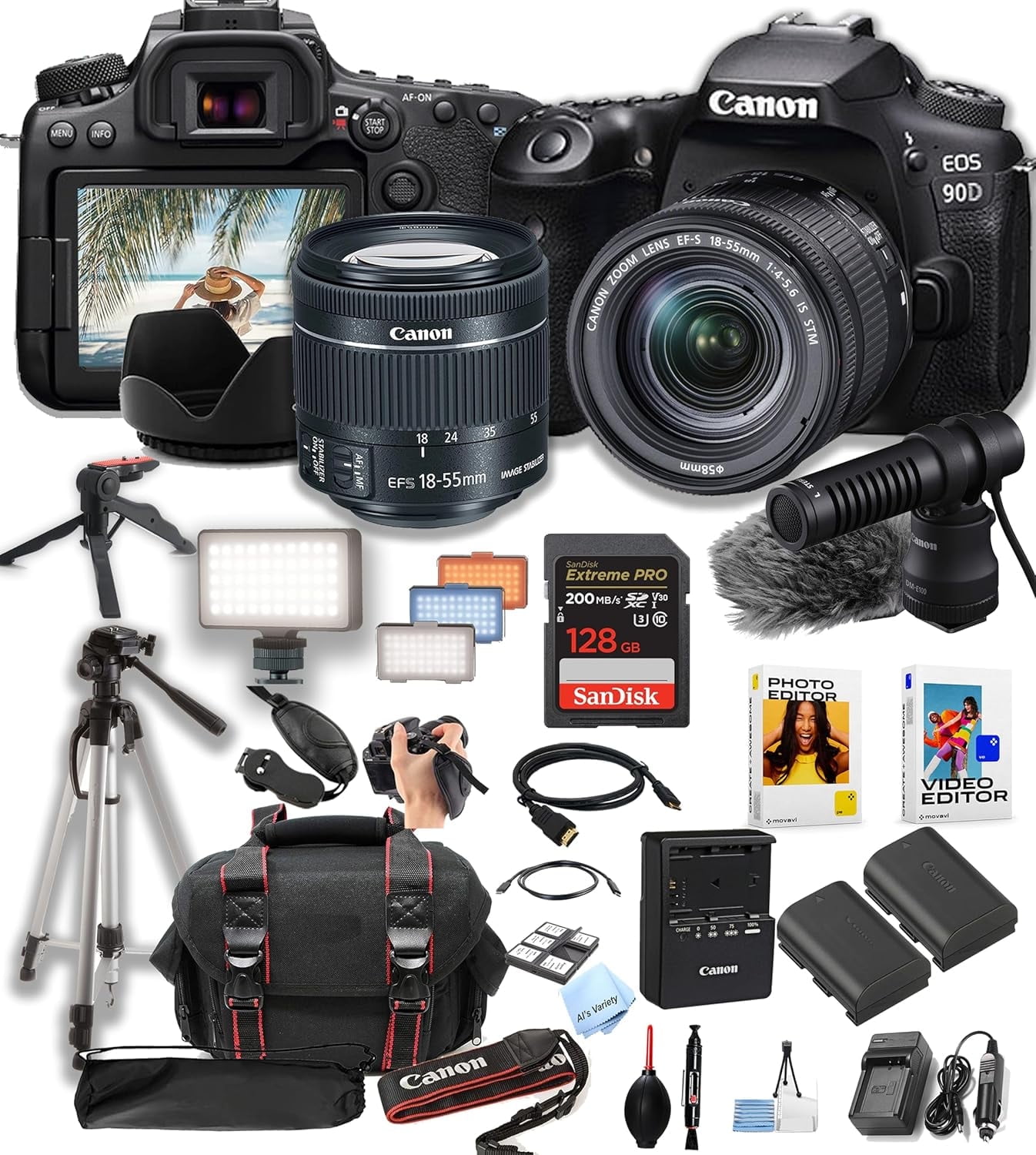 Canon EOS 90D DSLR Camera w/EF-S 18-55mm F/4-5.6 STM Zoom Lens, 128GB ...