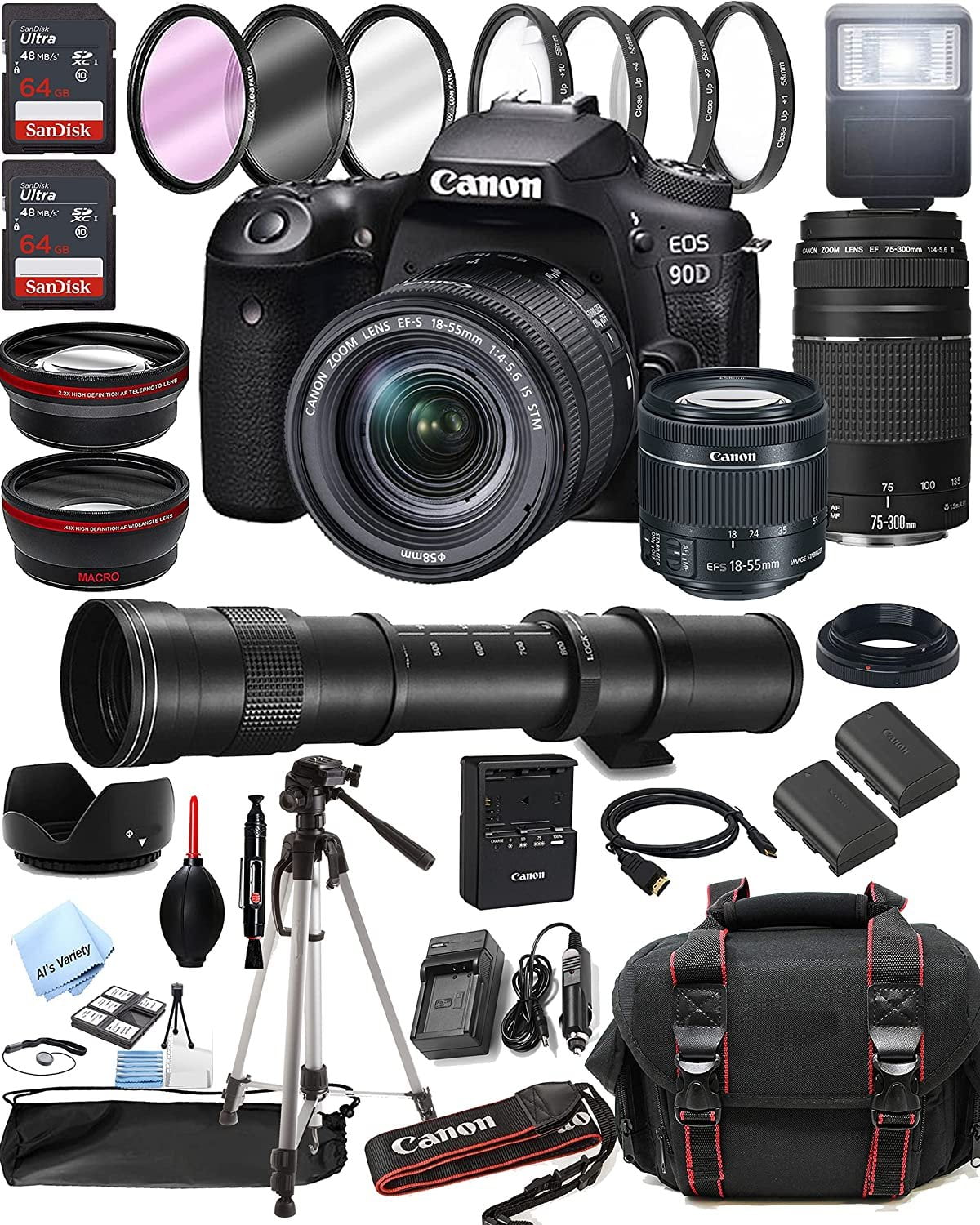 Canon EOS 90D DSLR w/18-55mm, 75-300mm, 420-800mm Lens + 128GB Memory ...