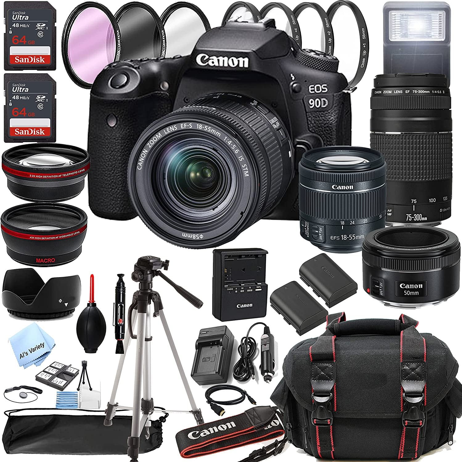 Canon EOS 90D Full-Frame DSLR Camera with 18-55mm, 75-300mm & 50mm ...