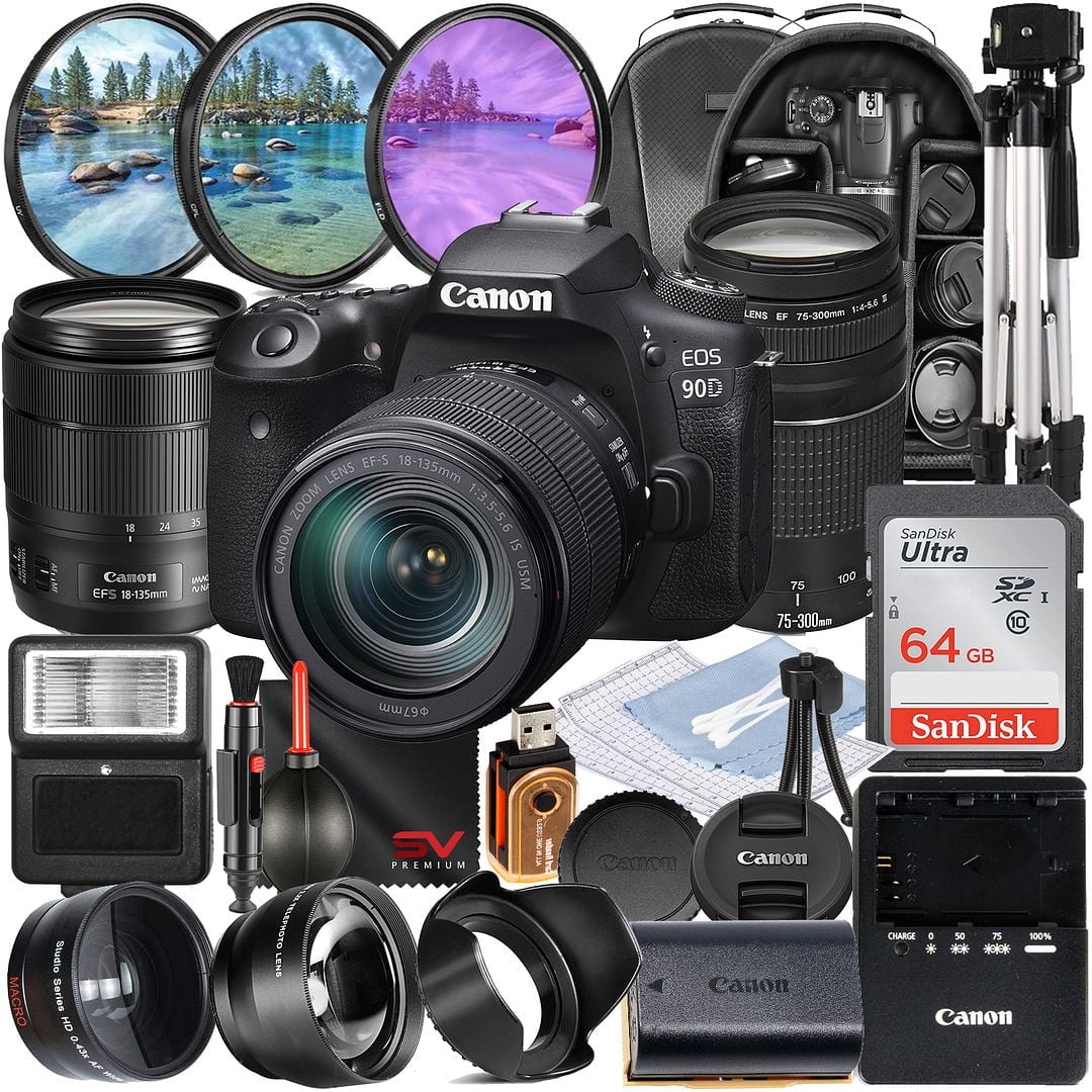 Canon EOS 90D DSLR Camera with 18-135mm USM + 75-300mm Zoom Lens + SanDisk 64GB Memory + Tripod ...