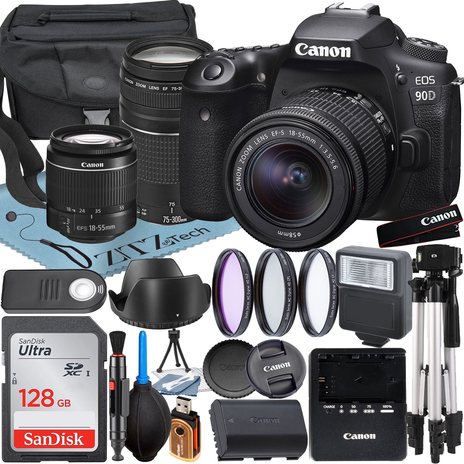 Canon EOS 90D DSLR Camera Bundle with 18-55mm, 75-300mm Lens, 128GB ...