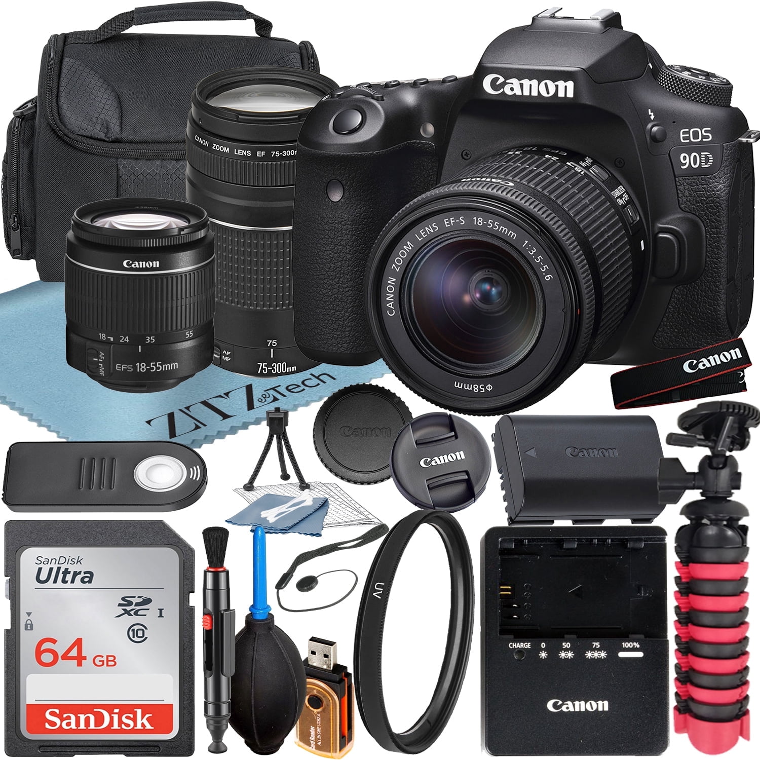 Canon EOS 90D DSLR Camera with 18-55mm + 75-300mm Lens + SanDisk 64GB ...
