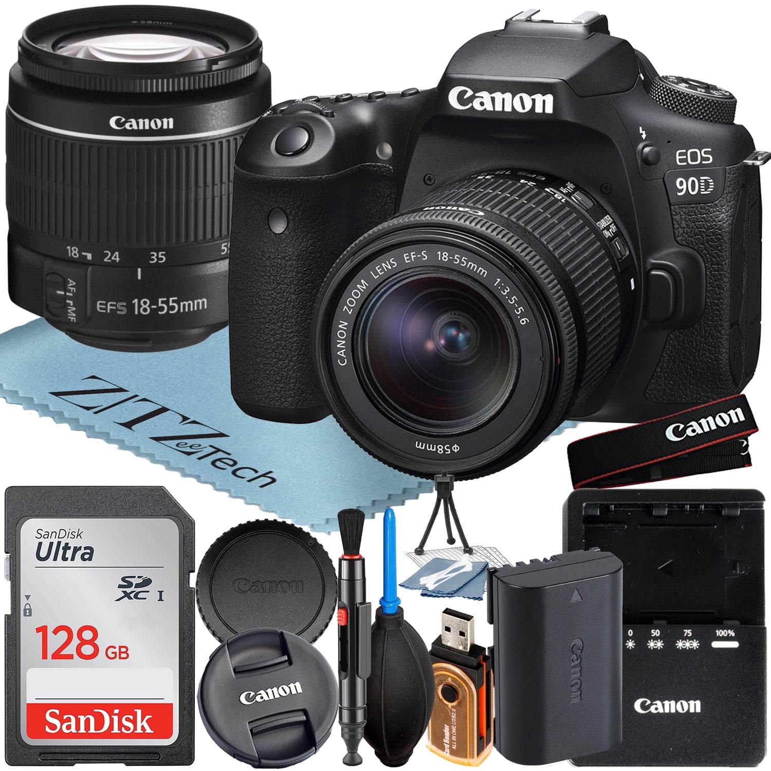 Canon EOS 90D DSLR Camera 18-55mm Lens + 128GB SanDisk Card + ZeeTech ...
