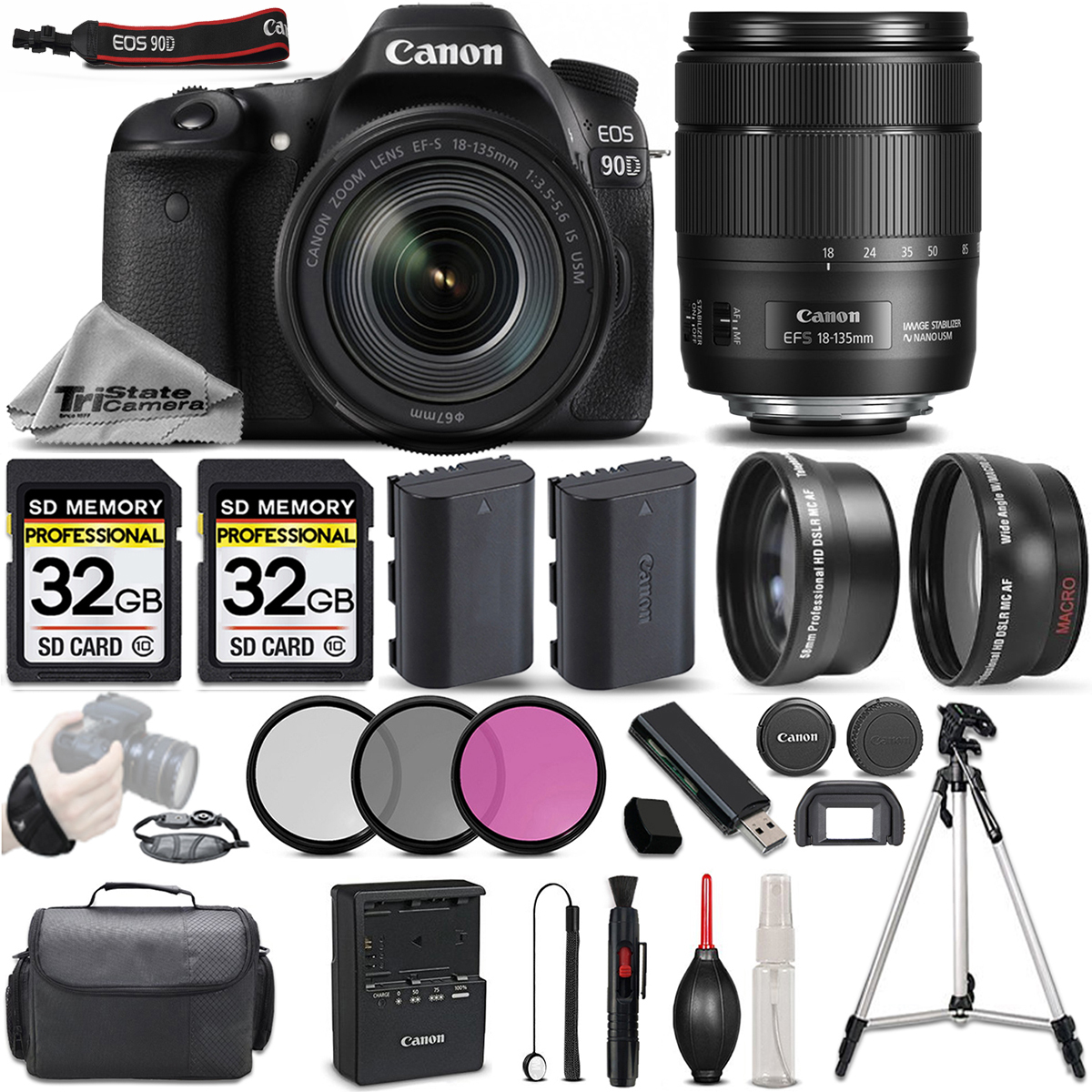 Canon EOS 90D Wi-Fi Full HD 4K30p Digital SLR Camera + Canon 18-135mm ...