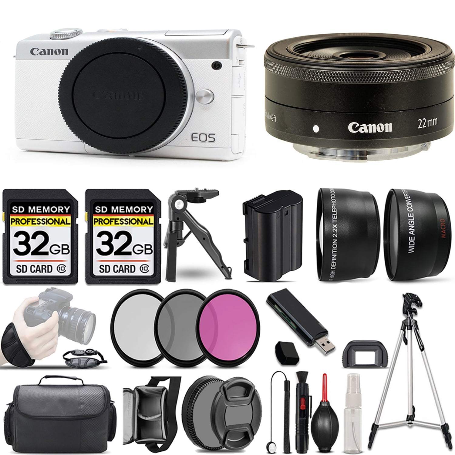 Canon EOS M200 Mirrorless Camera (White) +22mm f/2 STM Lens +3 PC ...
