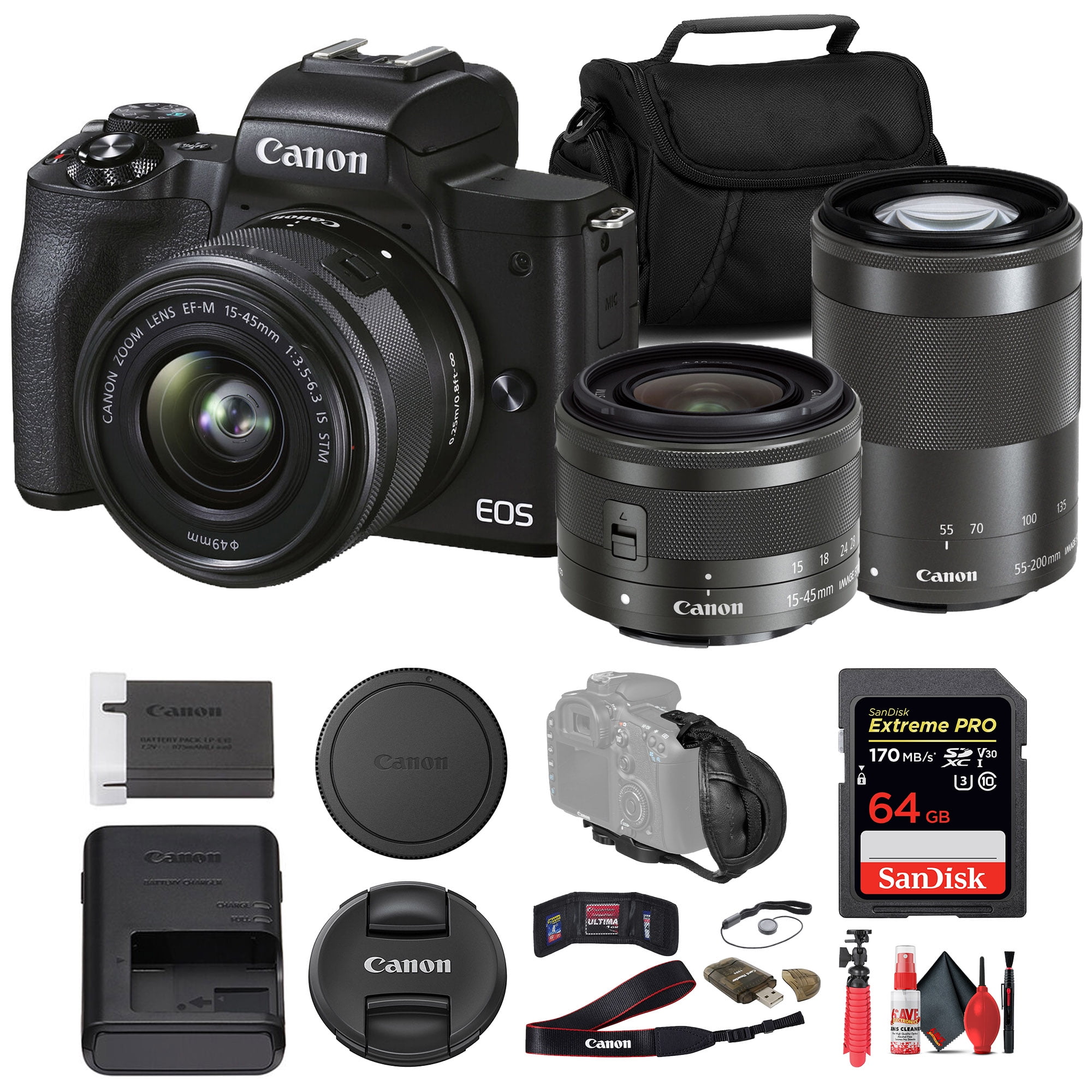 Canon EOS M50 Mark II Camera with 15-45mm, 55-200mm Lenses, 64GB Card ...