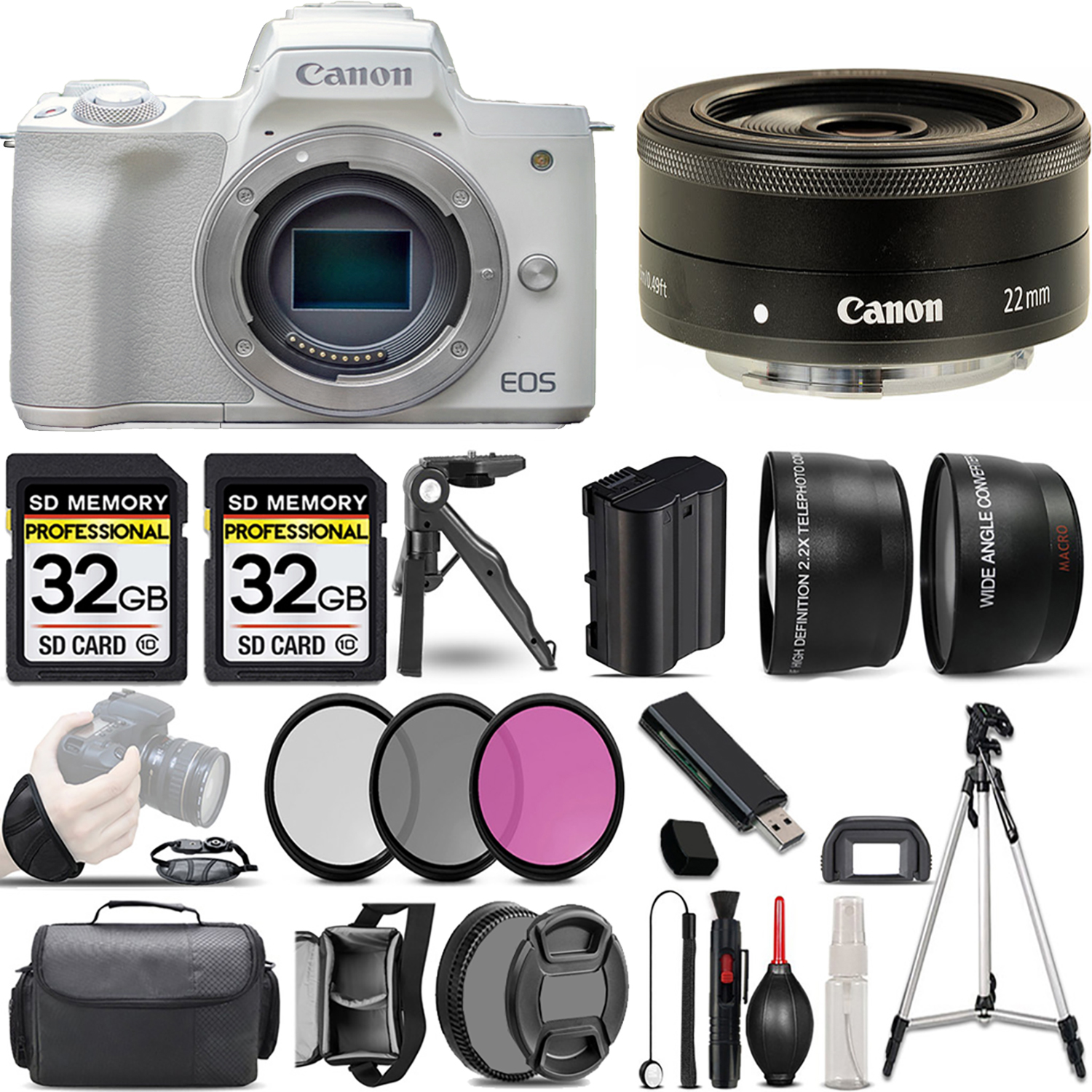 Canon EOS M50 Mark II Mirrorless Camera (White) +22mm f/2 STM Lens +3 ...