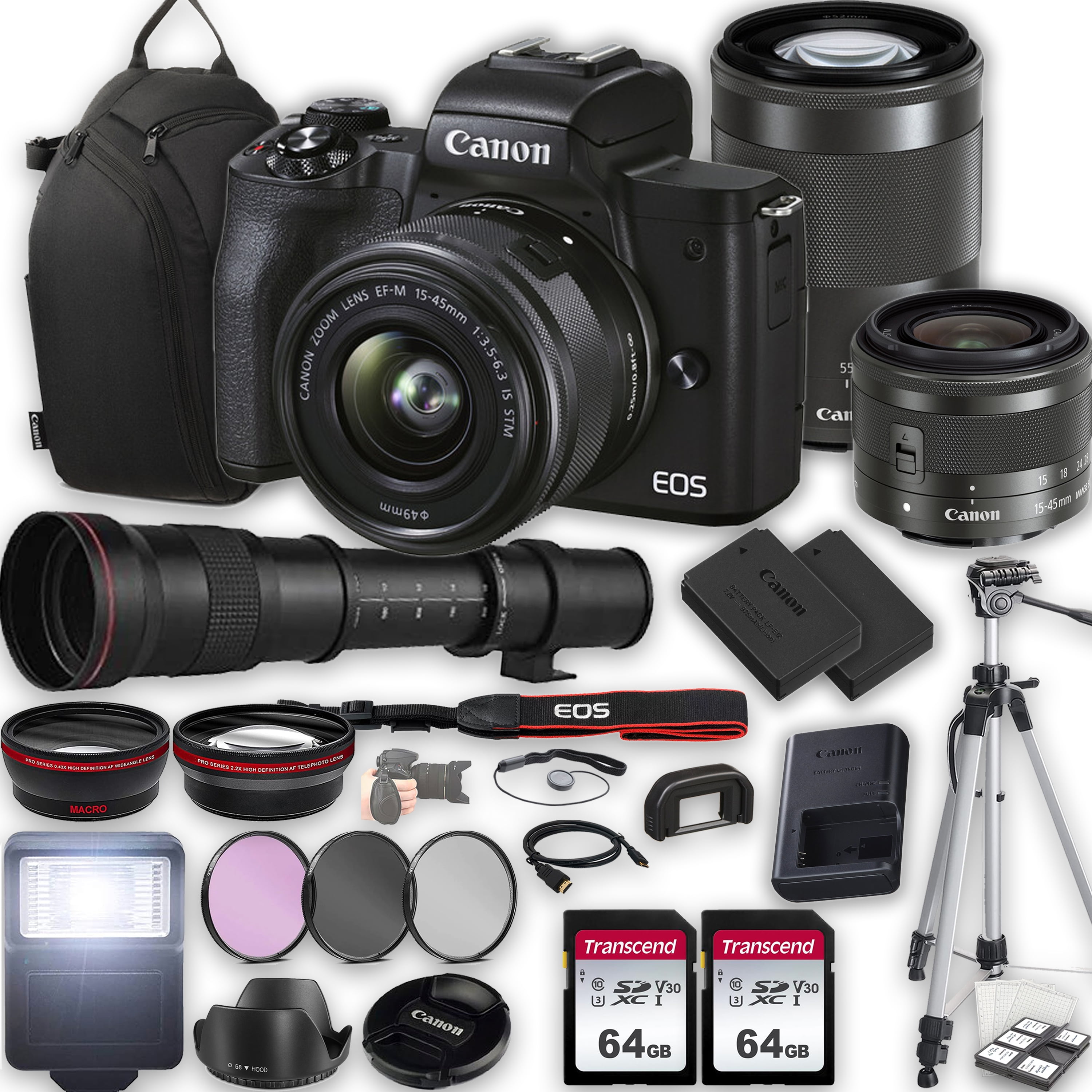 Canon EOS M50 Mark II Camera Kit w/ 15-45mm, 55-200mm, 420-800mm Lenses ...