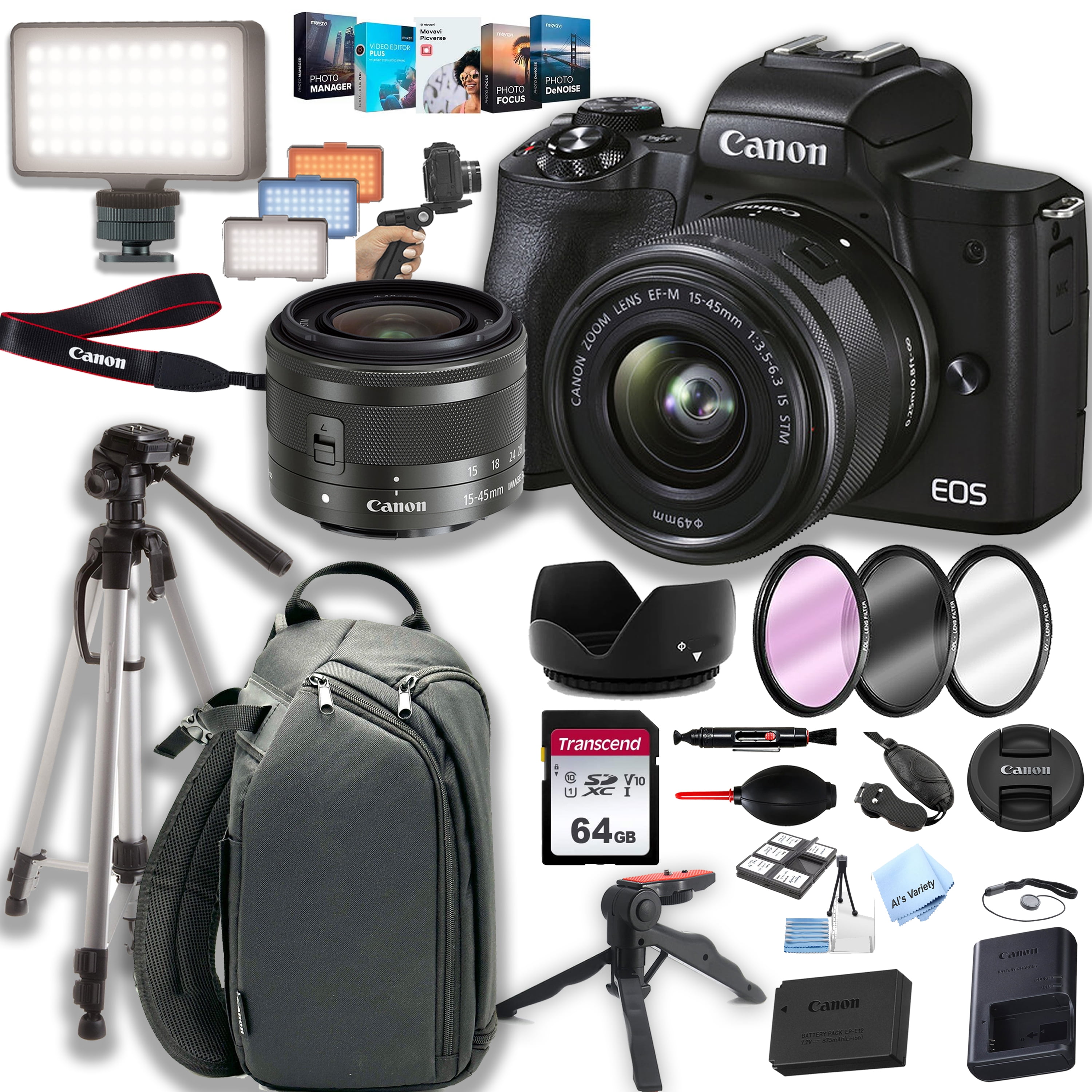 Canon EOS M50 Mark II Camera, 15-45mm Lens, 64GB, LED Light, Case, Pod ...