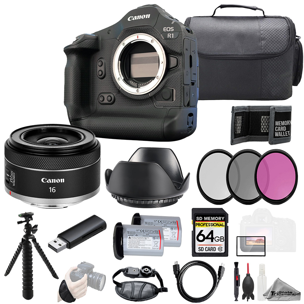 Canon EOS R1 Camera + RF 16mm f/2.8 STM Lens +64GB + Ext Bat+ 3 PC ...