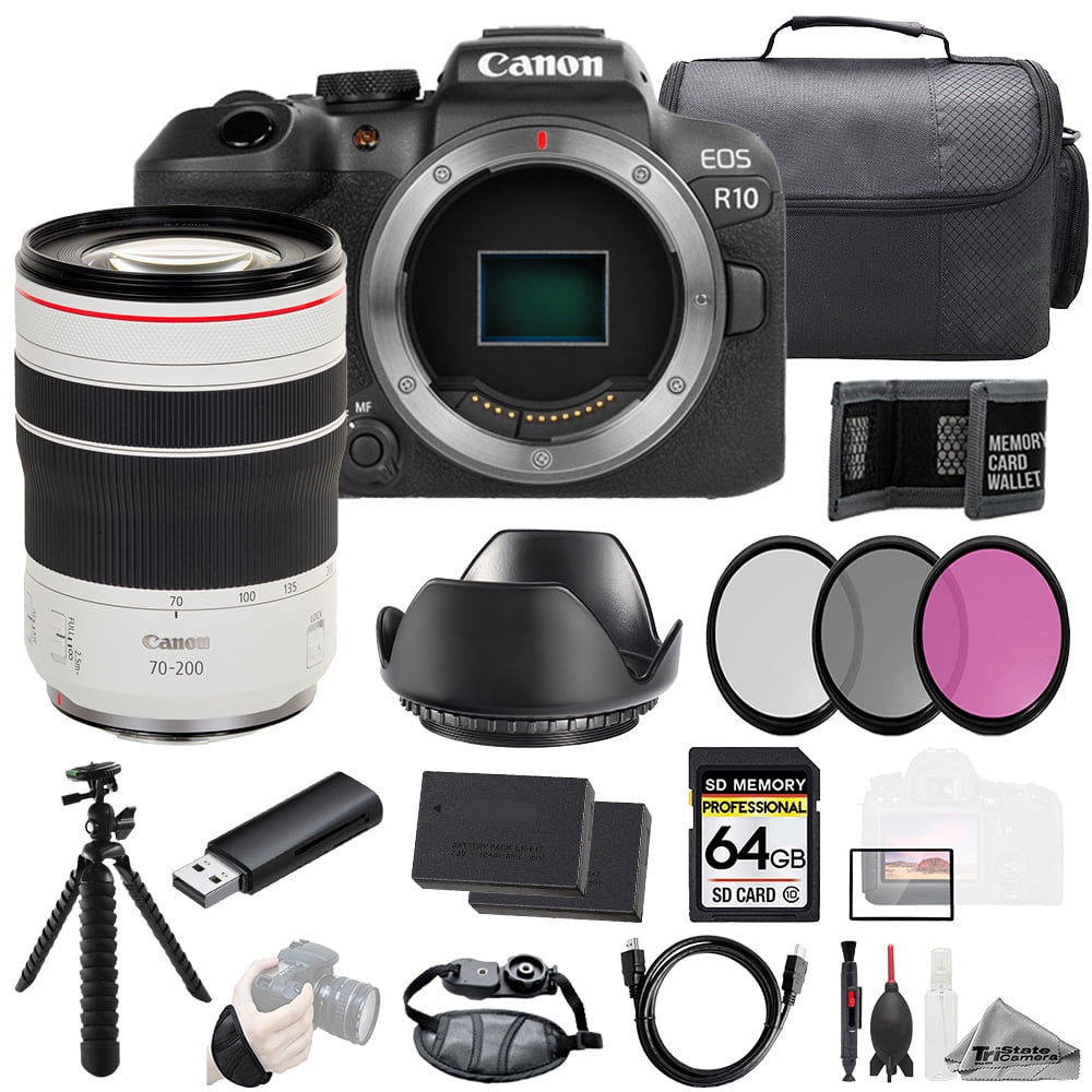Canon EOS R10 Camera + RF 70-200mm f/4L IS USM Lens +64GB + Ext Bat+ 3 PC Filter- Kit ...