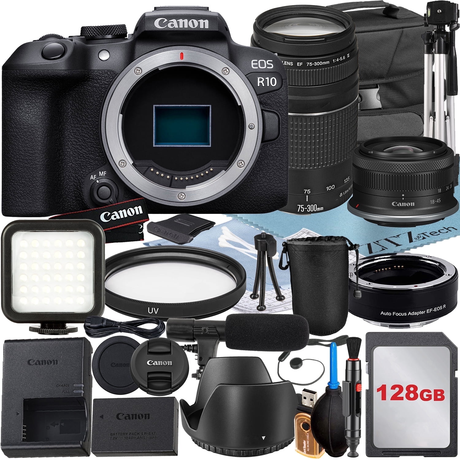 Canon EOS R10 Mirrorless Camera, RF-S 18-45mm, EF 75-300mm Lens, 128GB ...