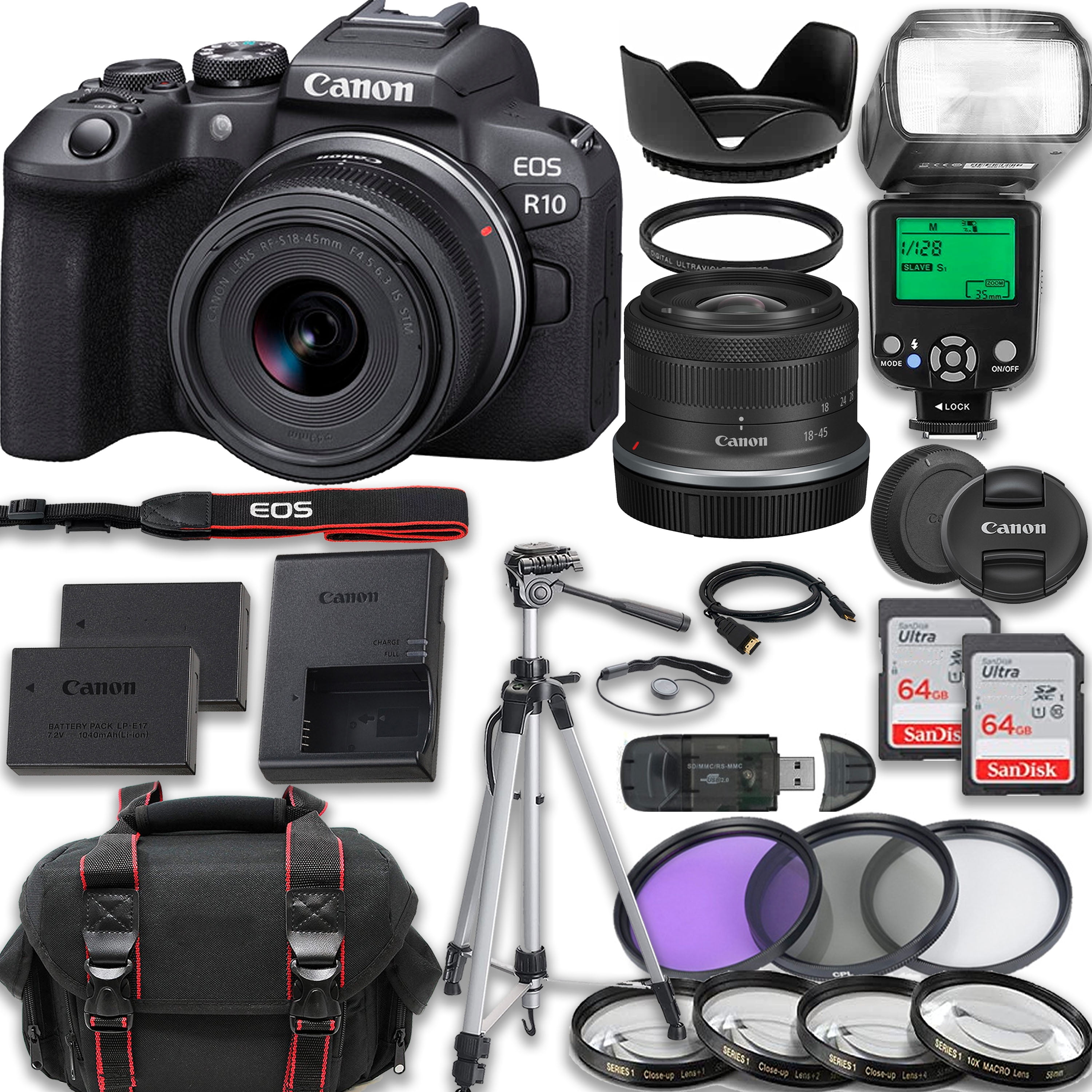 Canon EOS R10 Bundle: Mirrorless Camera, 18-45mm Lens, TTL Flash, Extra ...