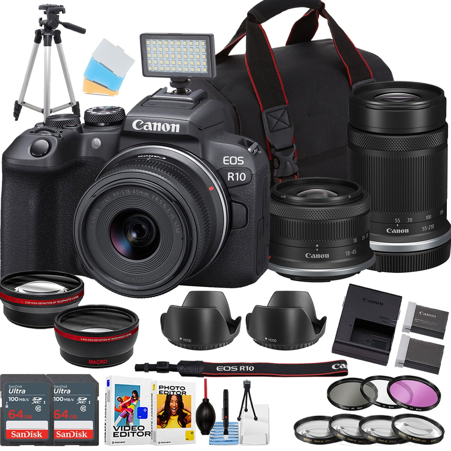 Canon EOS R10 Mirrorless Camera w/18-45mm and 55-210mm Lens + 2pc 64GB ...