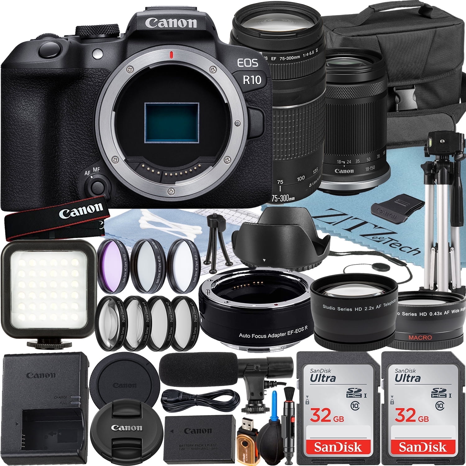 Canon EOS R10 Camera Kit: RF-S 18-150mm, EF 75-300mm Lenses, Adapter ...